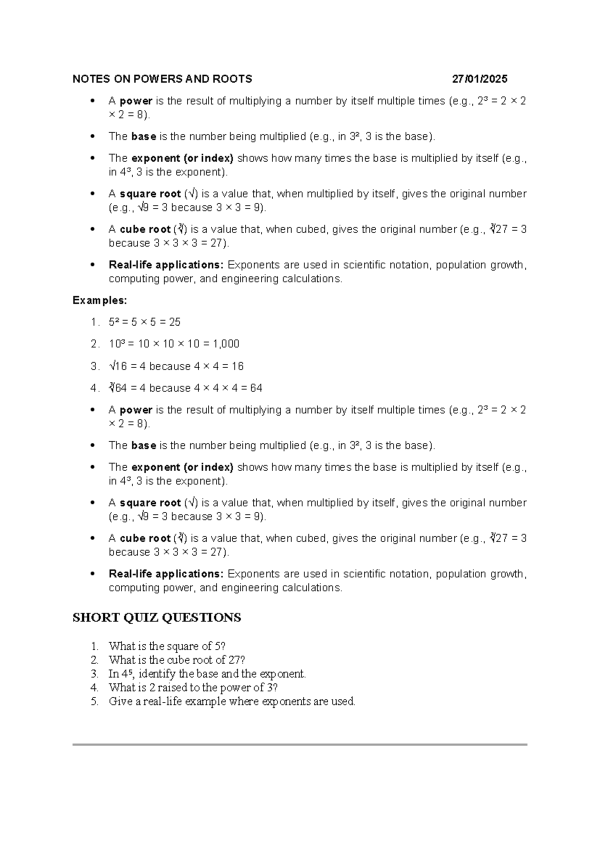 Powers AND Roots 27 - Summaries - NOTES ON POWERS AND ROOTS 27/01/ A ...