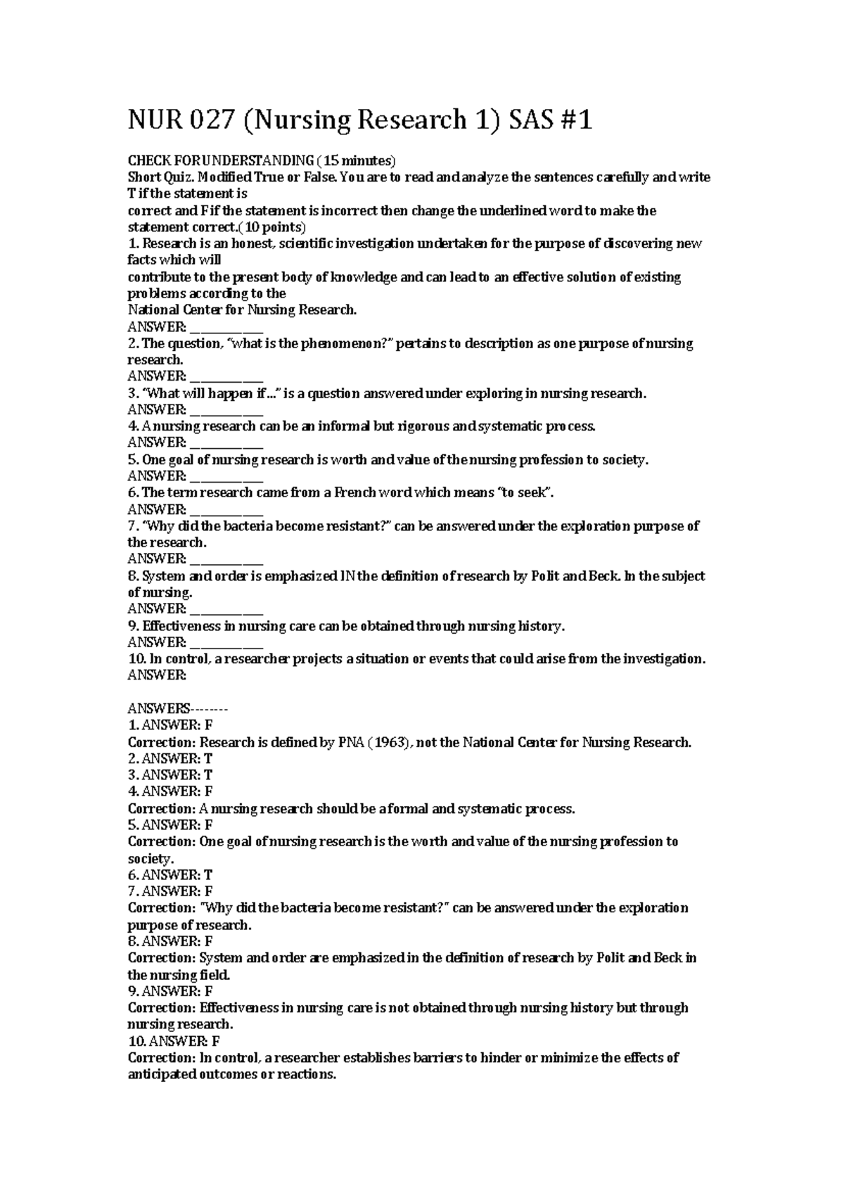 NUR 027 Nursing Research 1: SAS #1 Quiz Answers and Corrections - Studocu