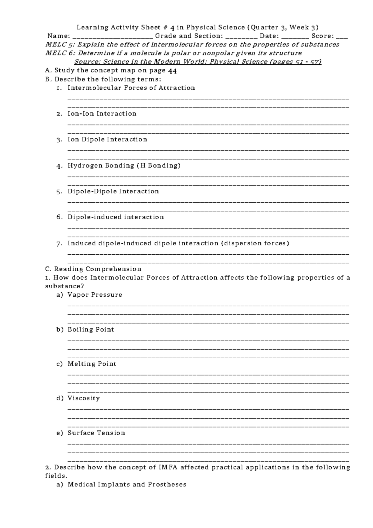 PS Q3 LAS 4: Intermolecular Forces & Their Effects in Physical Science ...