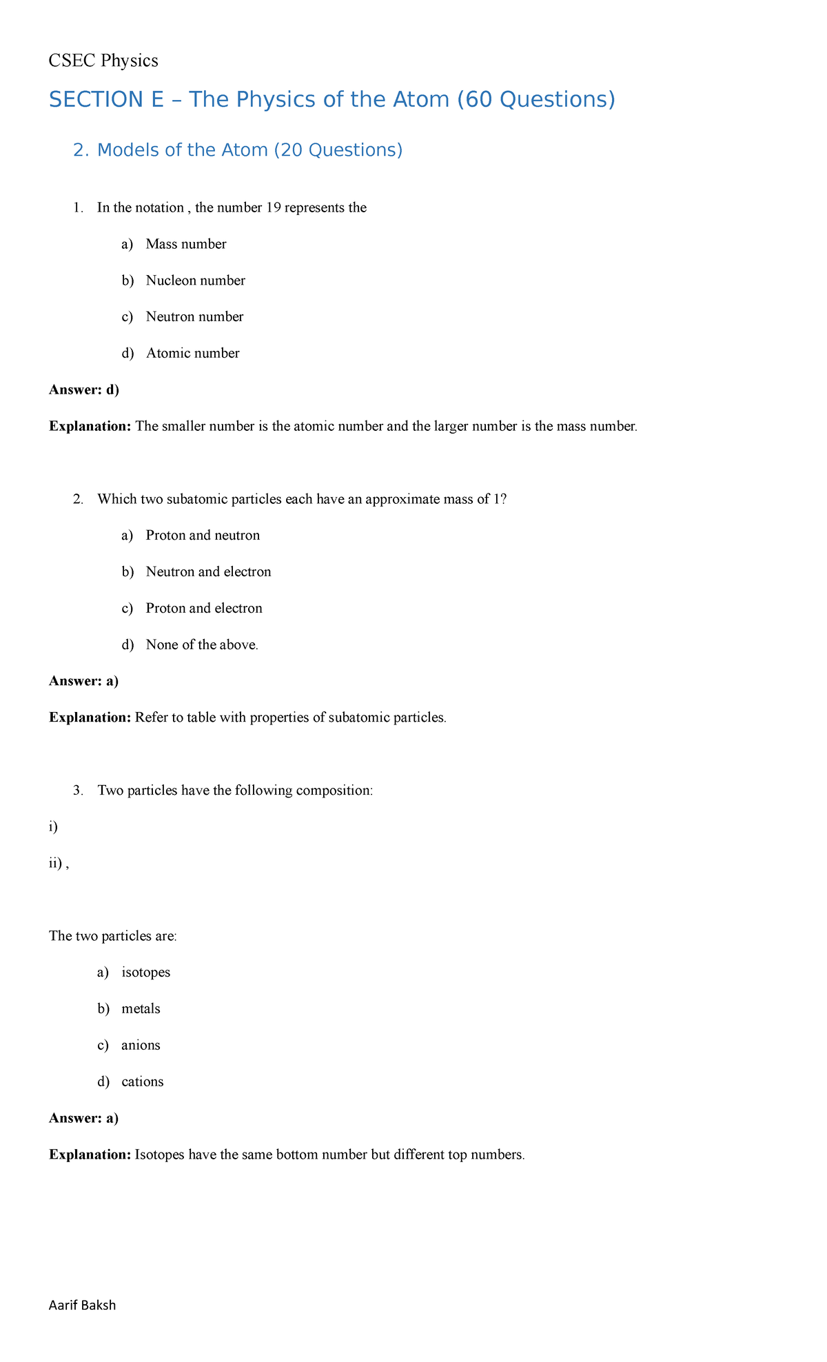 CSEC Physics E2: The Physics of the Atom - 60 Qs Overview - Studocu