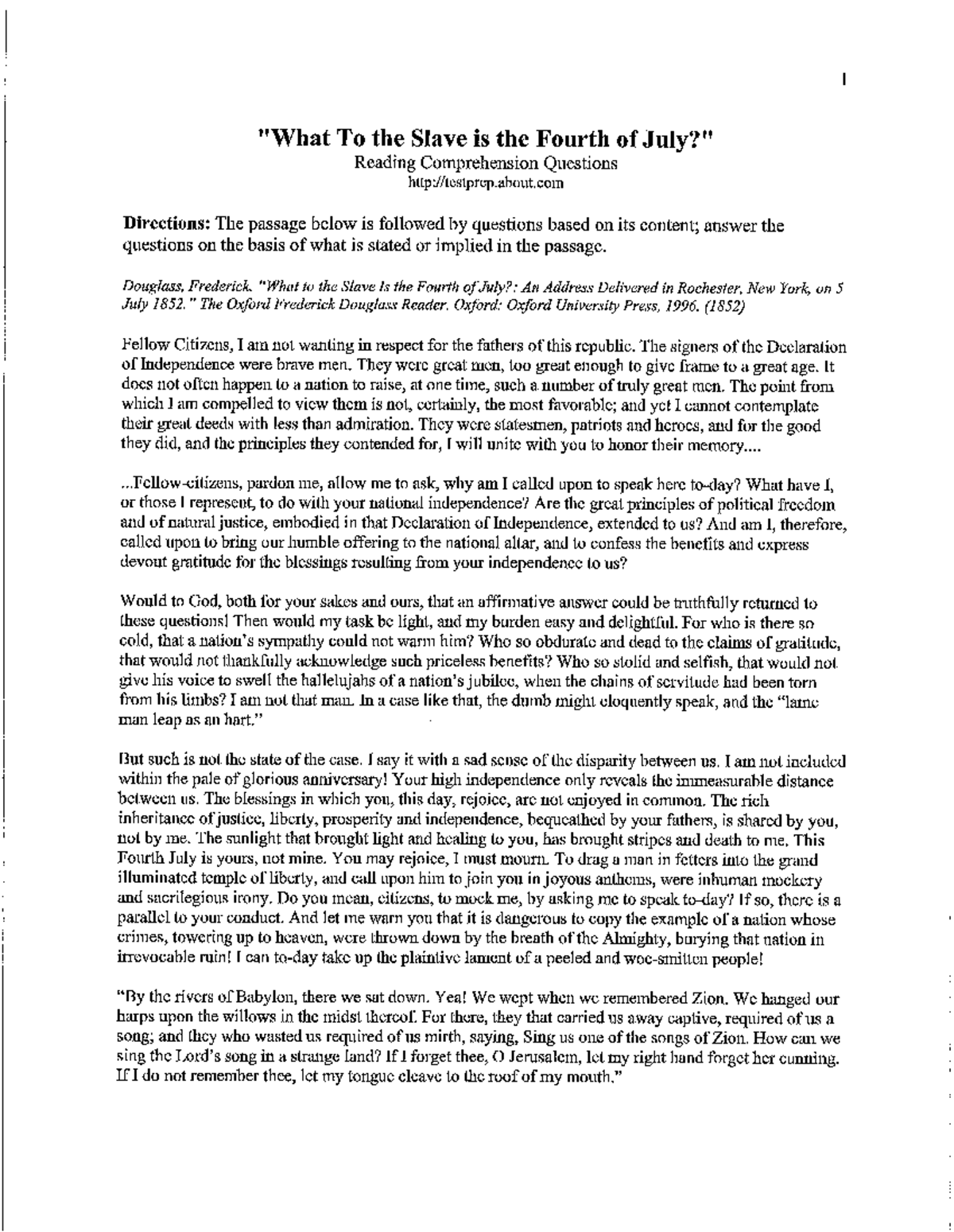 Reading Comprehension Questions on Douglass' "What to the Slave is the ...