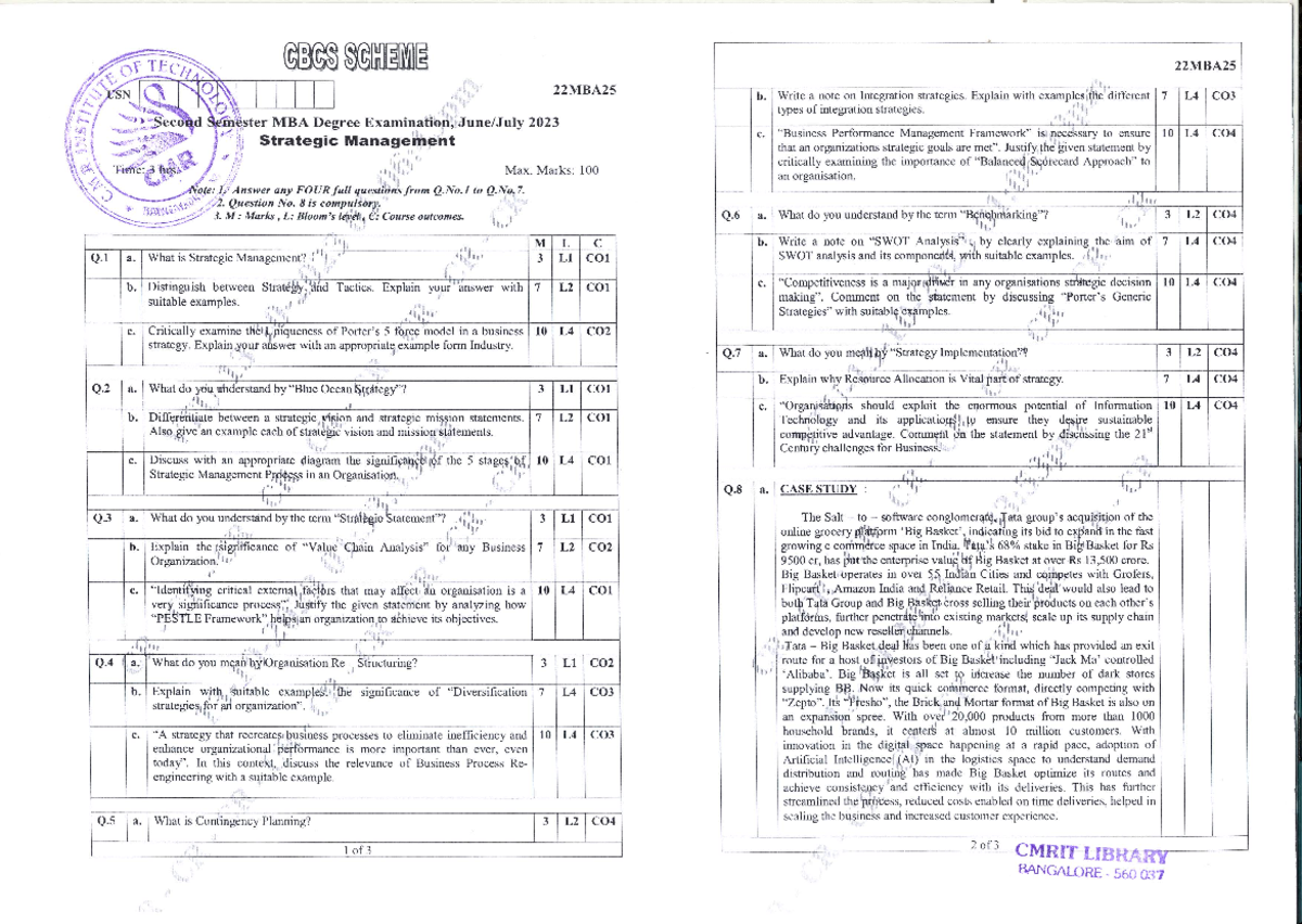 VTU 22MBA25 Strategic Management June-July 2023 Question Paper Analysis ...