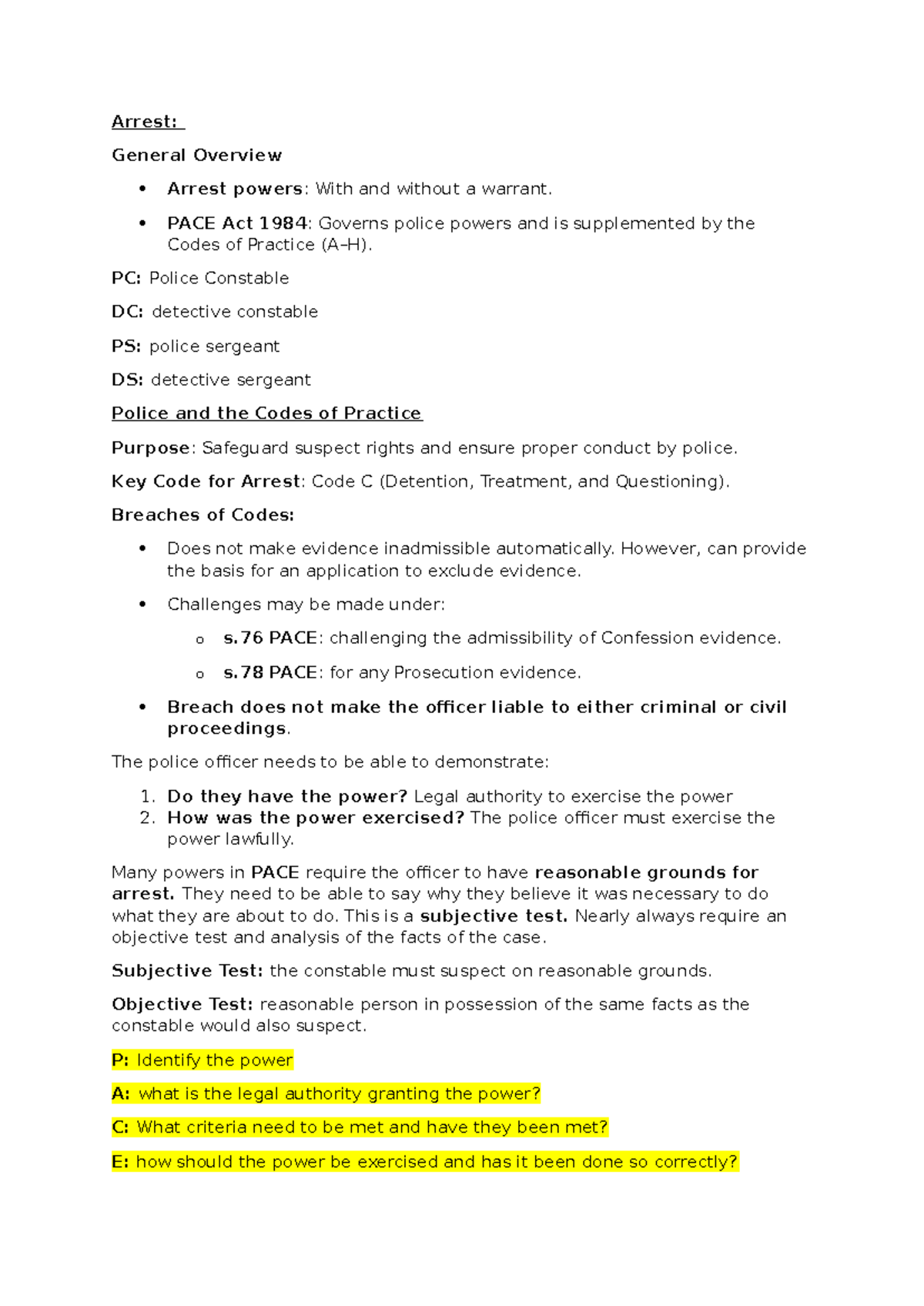 Arrest, detention, interview notes - Arrest: General Overview Arrest ...