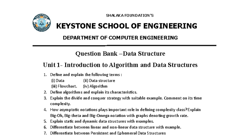 DS Question Bank: Algorithms, Data Structures & Graphs - Studocu