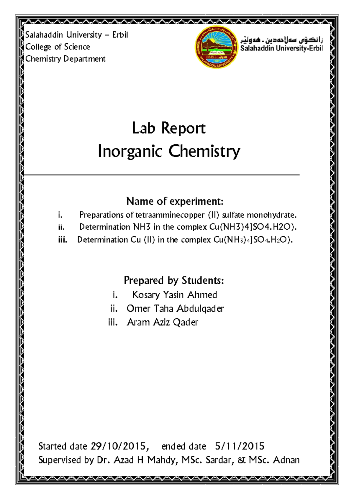 Lab Report: Inorganic Chemistry - Tetraamminecopper (II) Sulfate Prep (CHEM 101) - Studocu