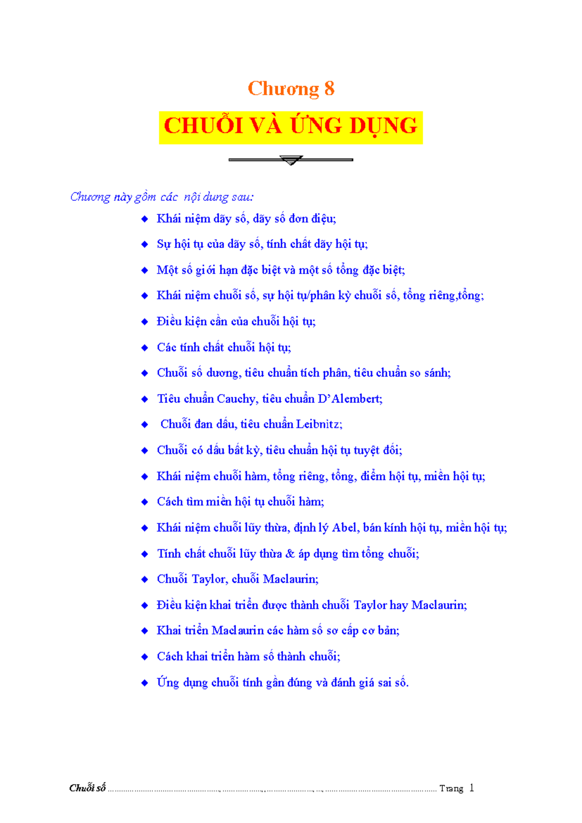 Chương 8: Chuỗi và Ứng Dụng - Tóm Tắt và Bài Tập (MATH101) - Studocu