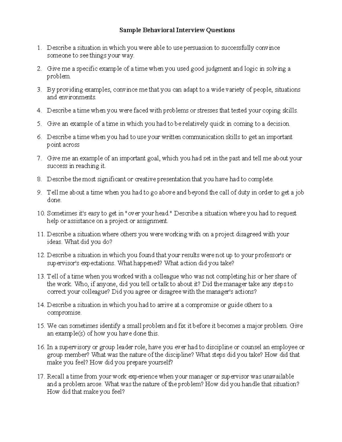 MS Interview Prep: Behavioral Questions & Responses - Studocu