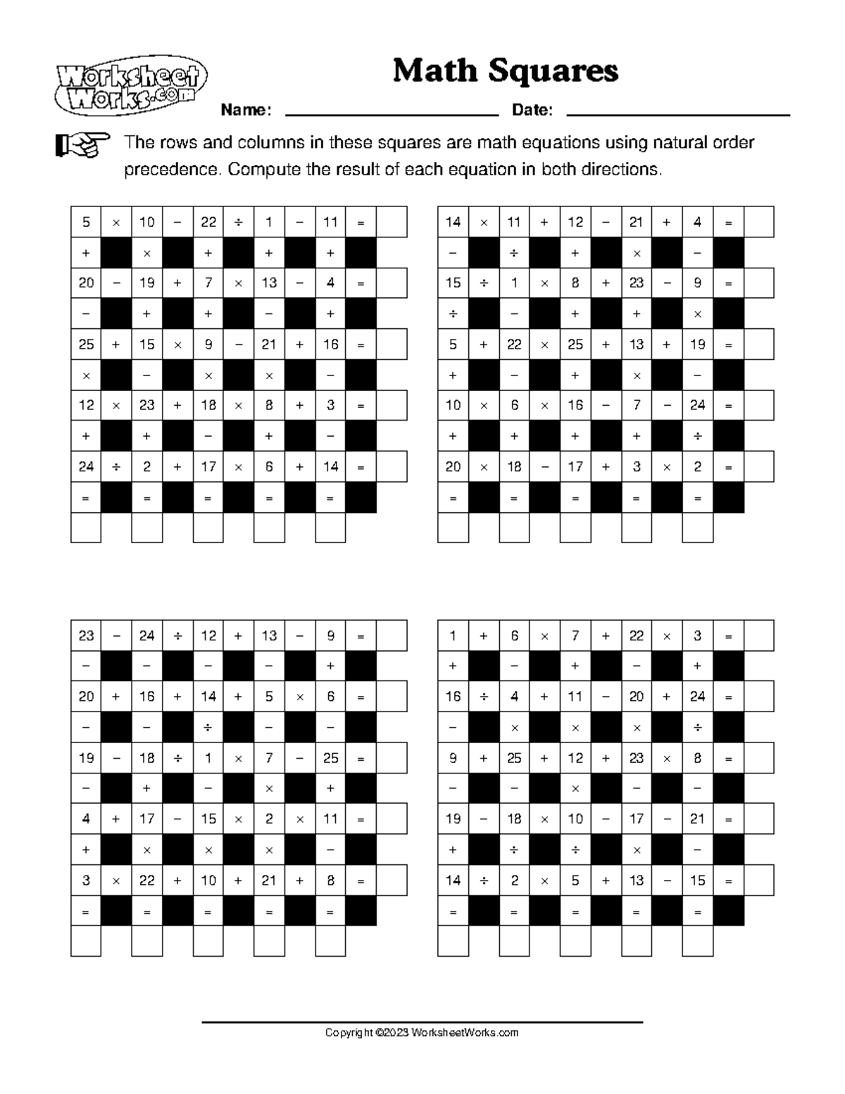 Worksheet Works Math Squares 1 - V The rows and columns in these ...