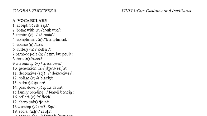 GLOBAL SUCCESS 8: UNIT 5 - Our Customs and Traditions Vocabulary - Studocu