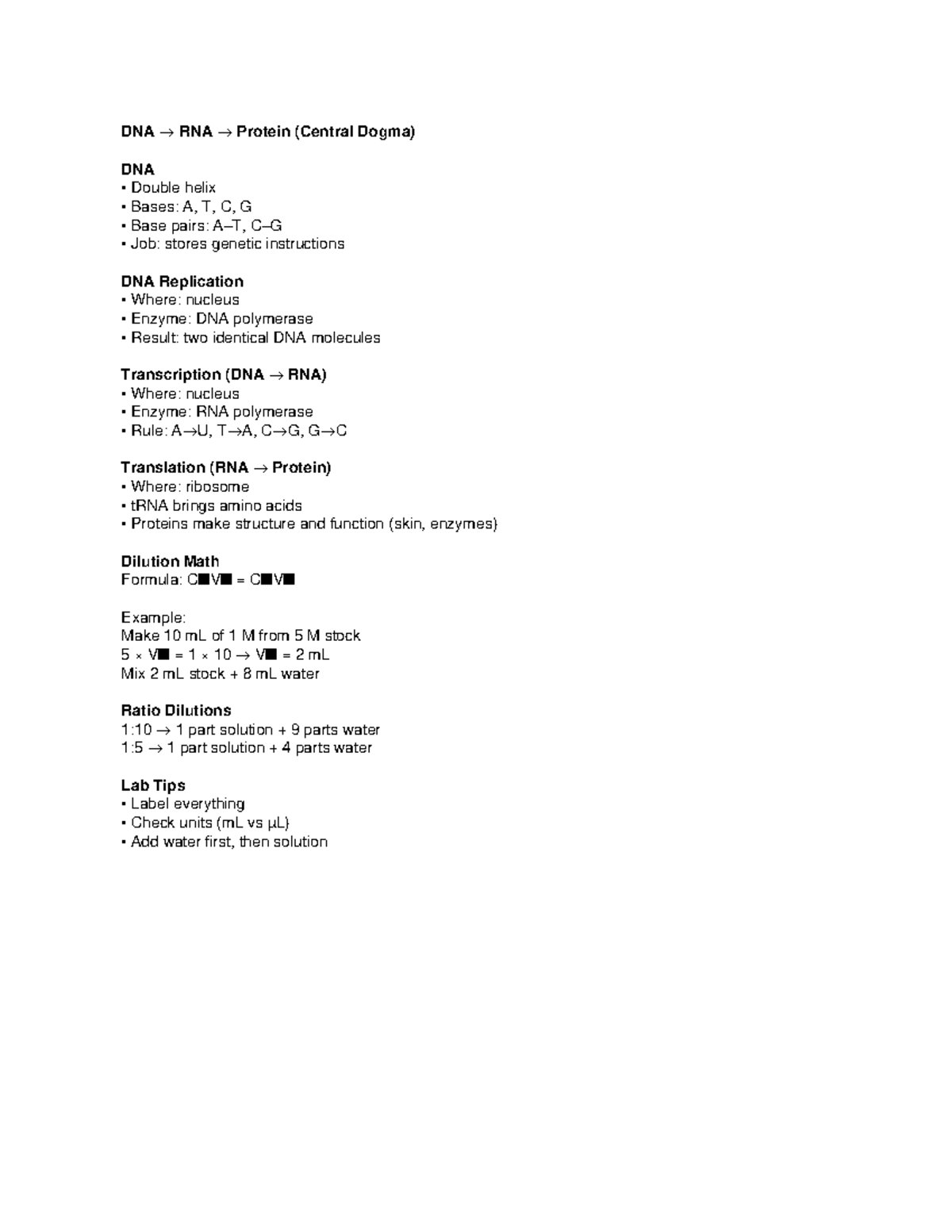 DNA Dilution Cheat Sheet: Central Dogma & Lab Tips - Studocu