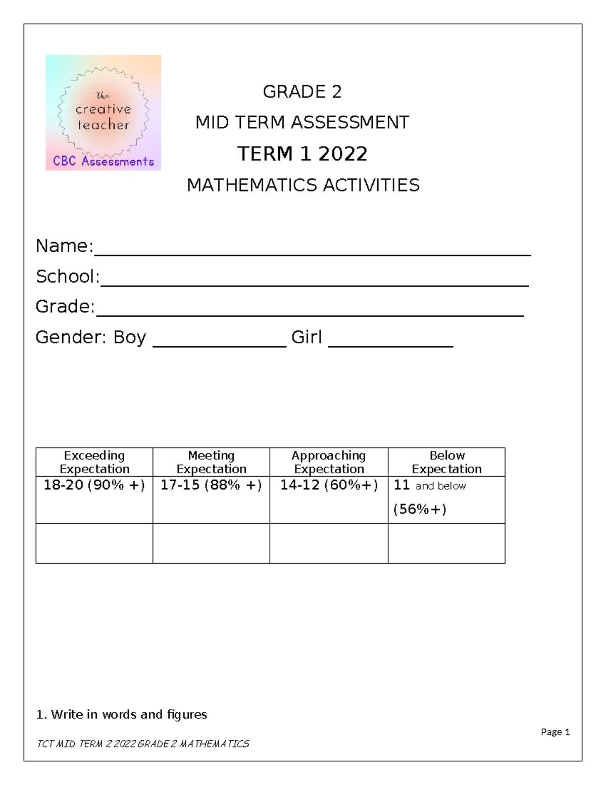 TCT MID TERM 2 2022 GRADE 2 MATHEMATICS assessment activities - Studocu