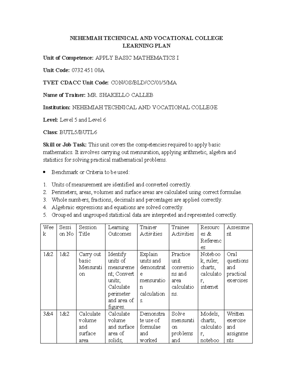 Learning Plan: Apply Basic Mathematics I (Unit Code: 0732 451 08A ...