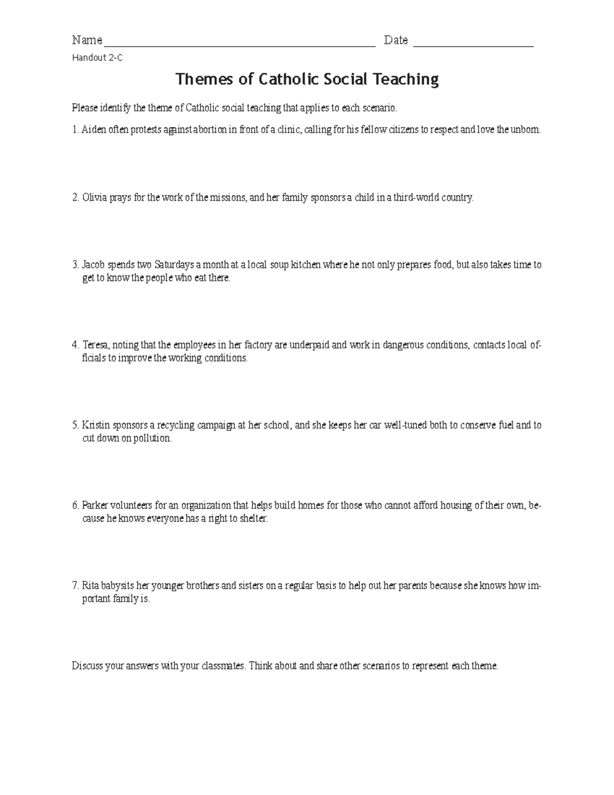 Themes of Catholic Social Teaching (Handout 2C) - NameHandout 2-C - Studocu