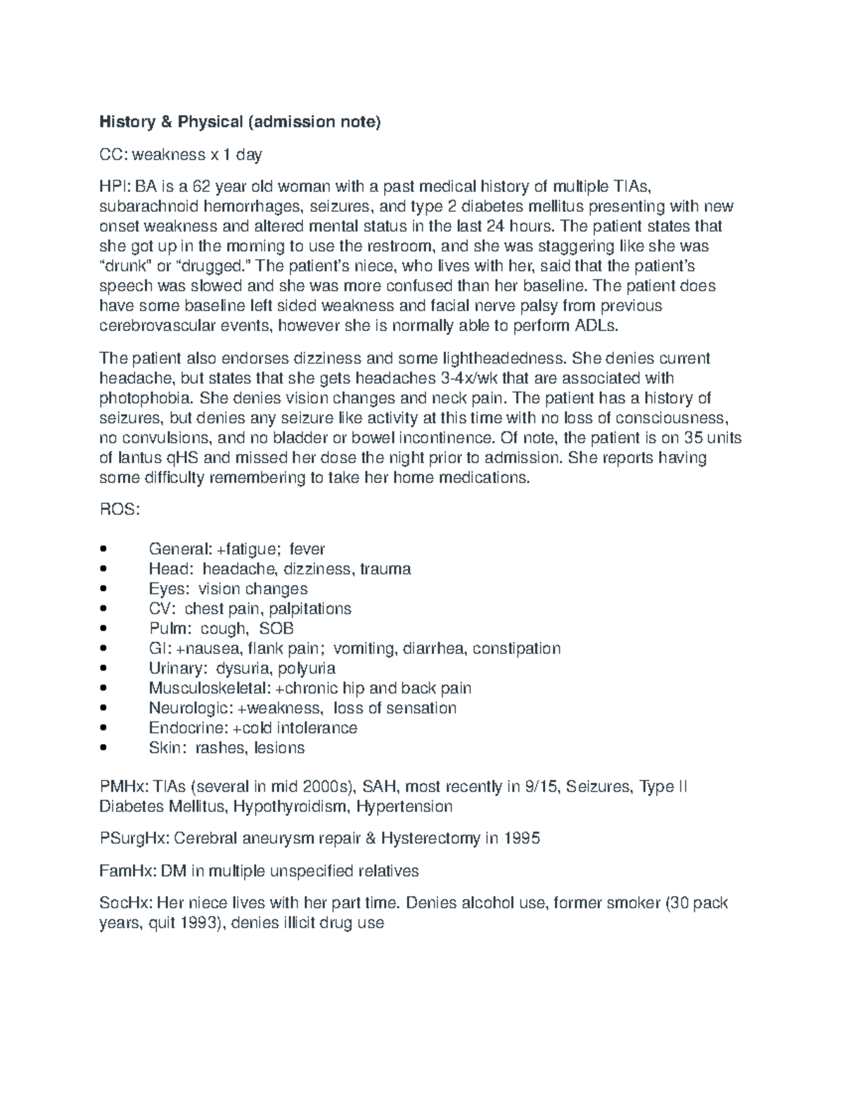 Sample H&P and SOAP note - History & Physical (admission note) CC ...