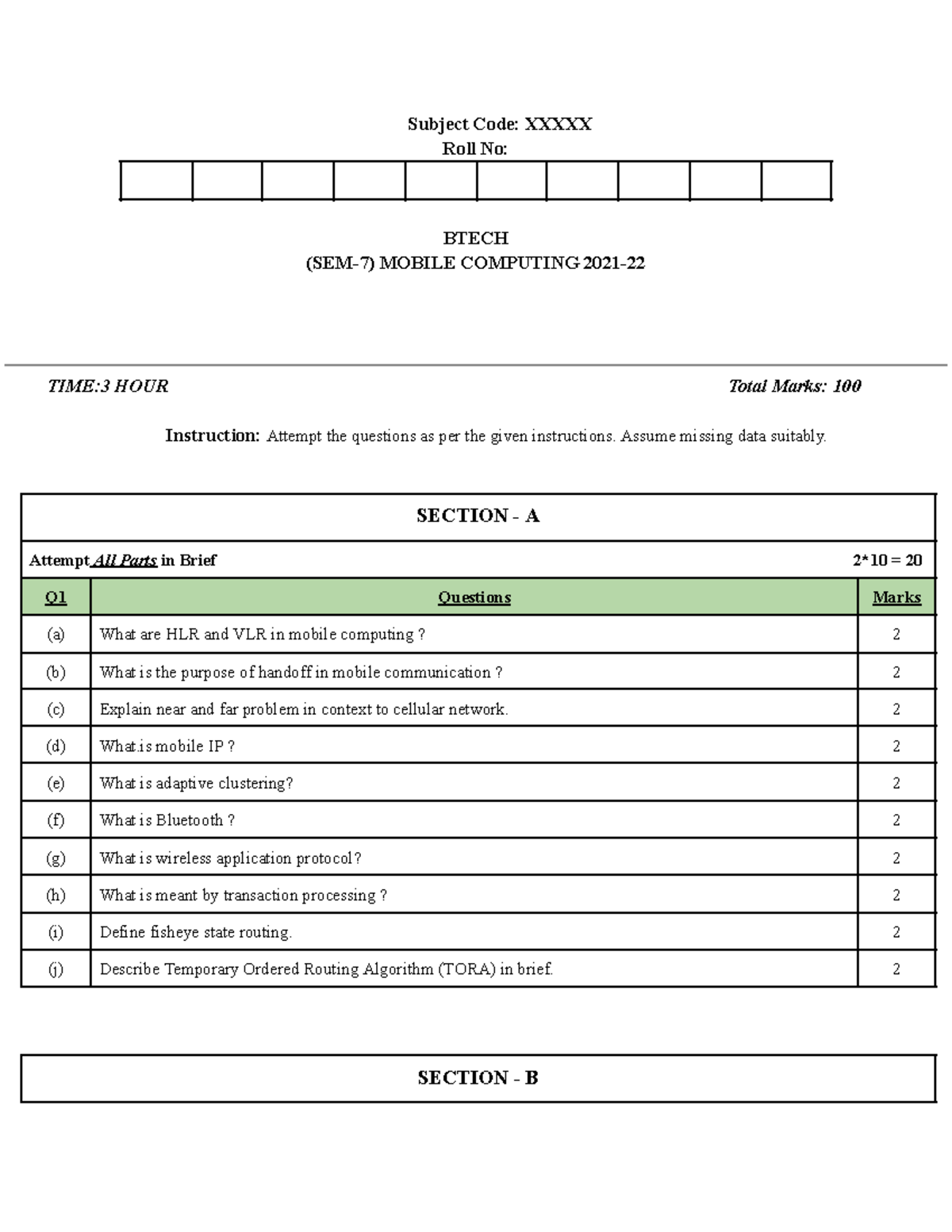 Mobile Computing Question Paper BTECH 2021-22 - Studocu