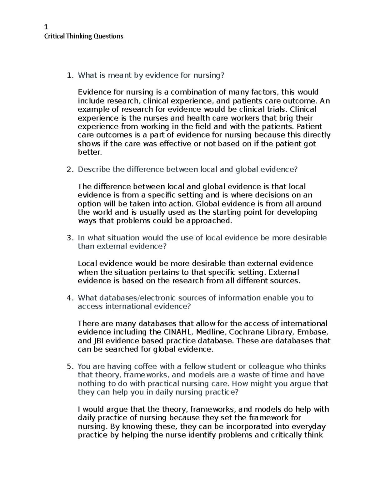 Critical Thinking Questions - Nursing Evidence Concepts (Module 1 ...