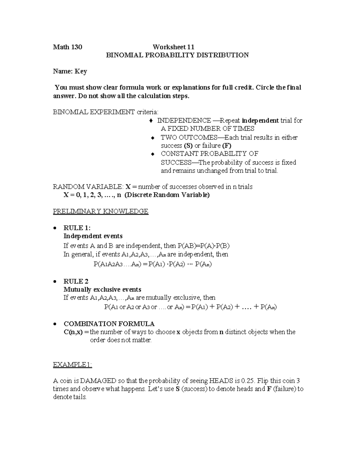 Worksheet-11-Binomial distribution solutions - Math 130 Worksheet 11 ...