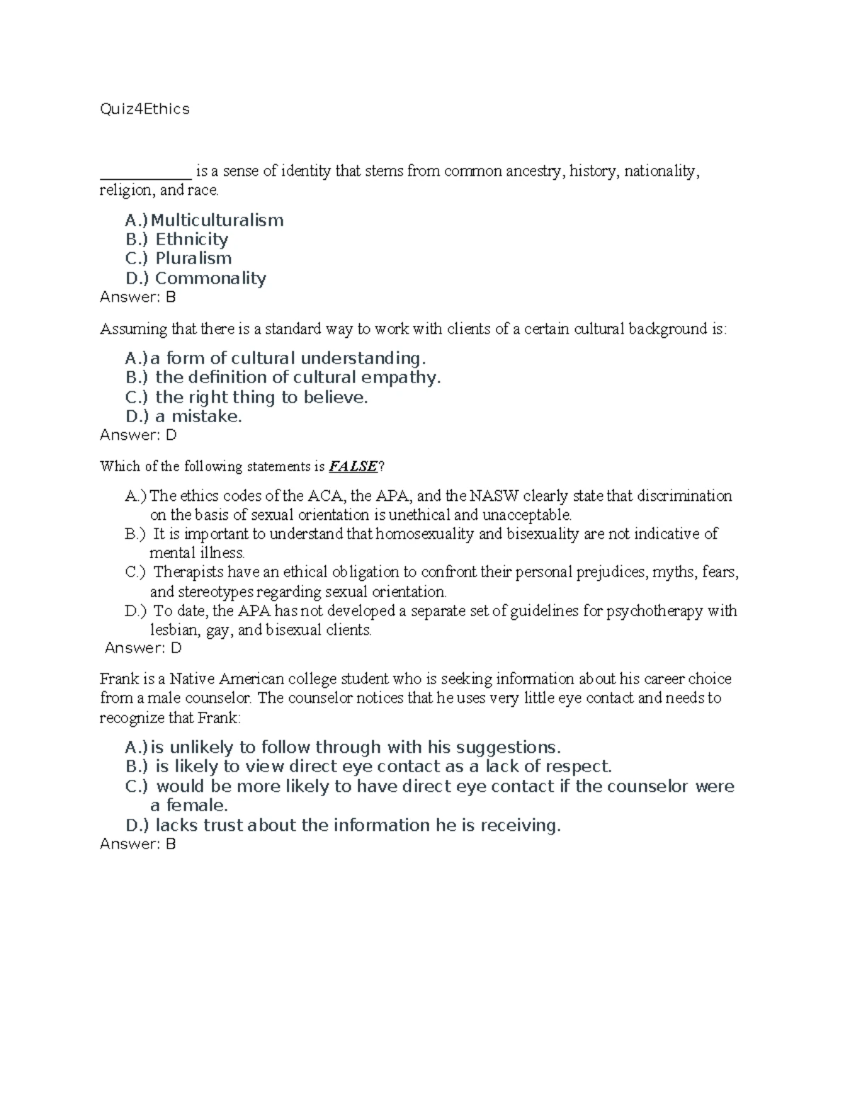 Quiz 2 Ethics - Key Questions and Answers for Practice Quizzes - Studocu