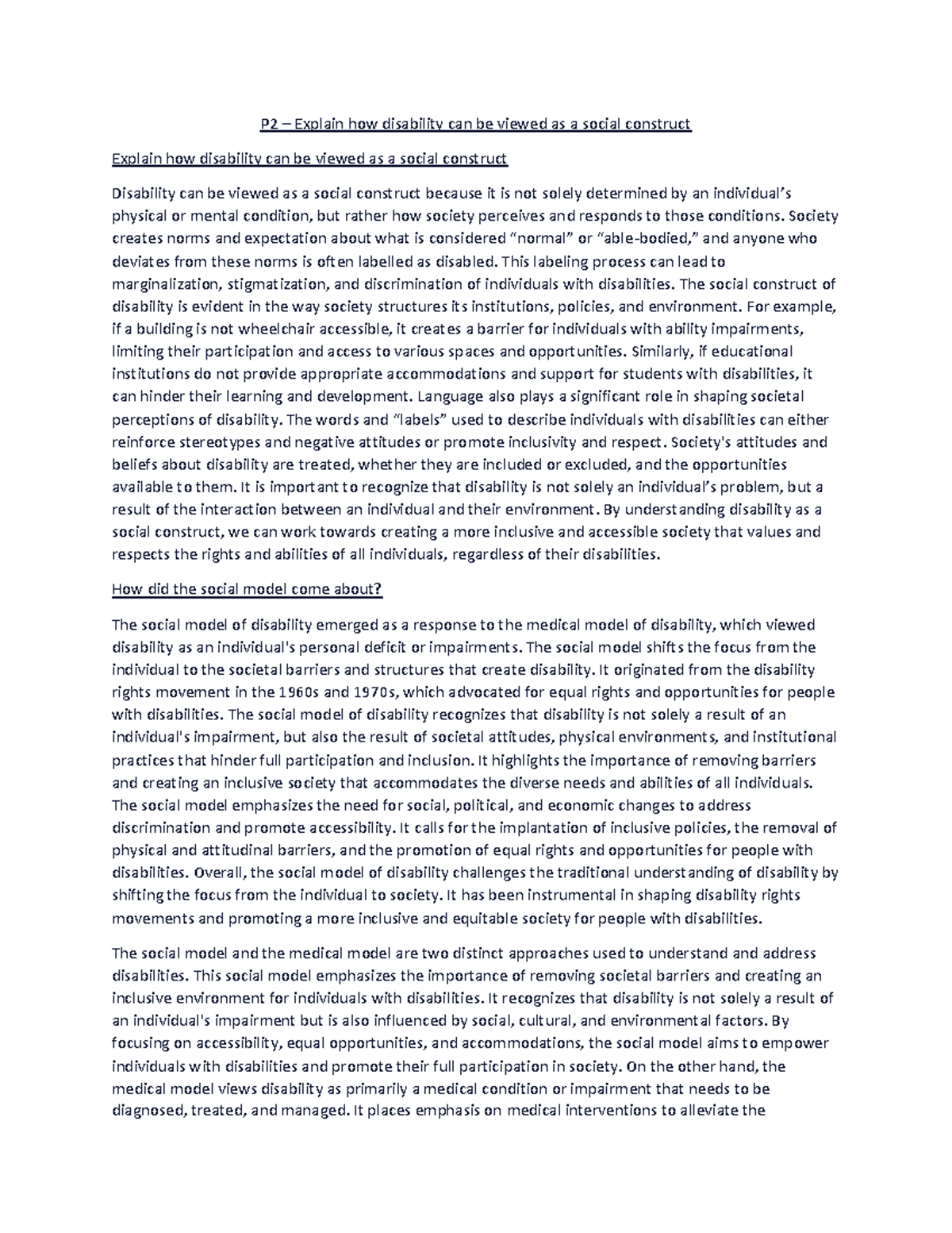P2 - Understanding Disability as a Social Construct: Models & Impacts ...