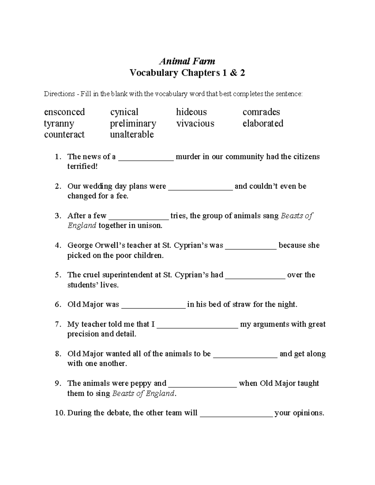 Animal Farm. Voc chapters 1 to 4 - exerciesdocx - Animal Farm ...