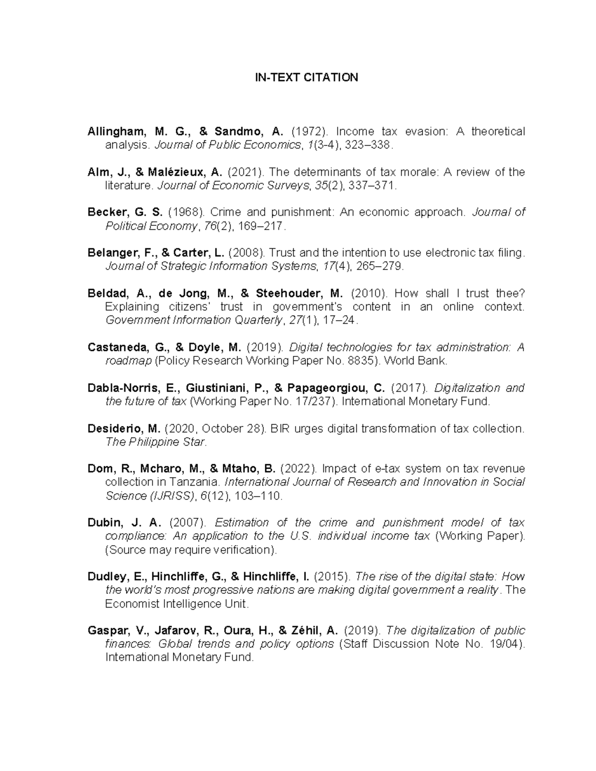 CITATION SAMPLE: Key References on Tax Compliance and Digitalization ...
