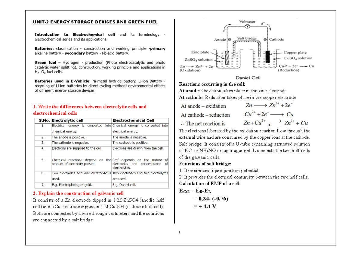 CHEM 101 Lecture Notes: Energy Storage Devices & Green Fuels - Studocu