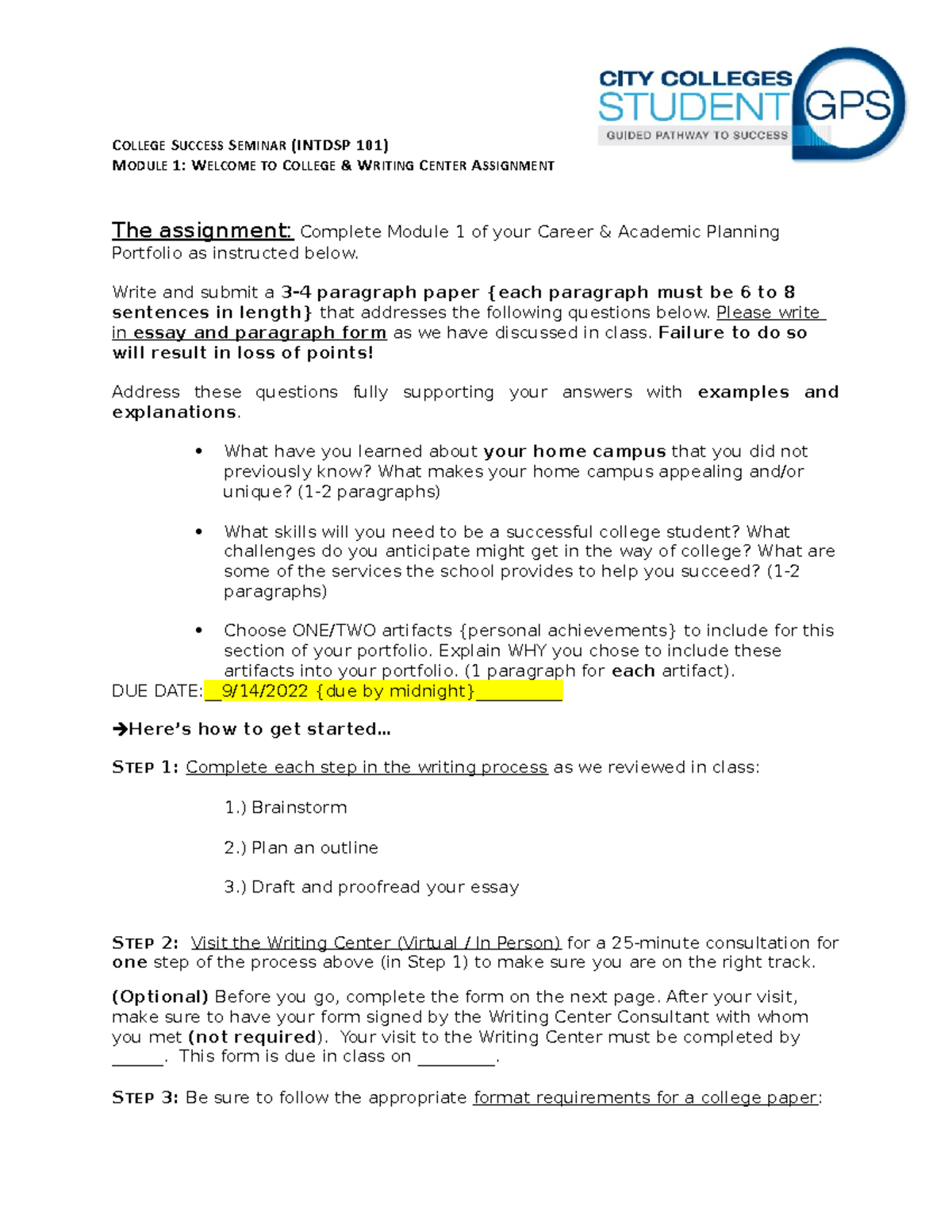 Module 1 - Assignment - COLLEGE SUCCESS SEMINAR (INTDSP 101) MODULE 1 ...