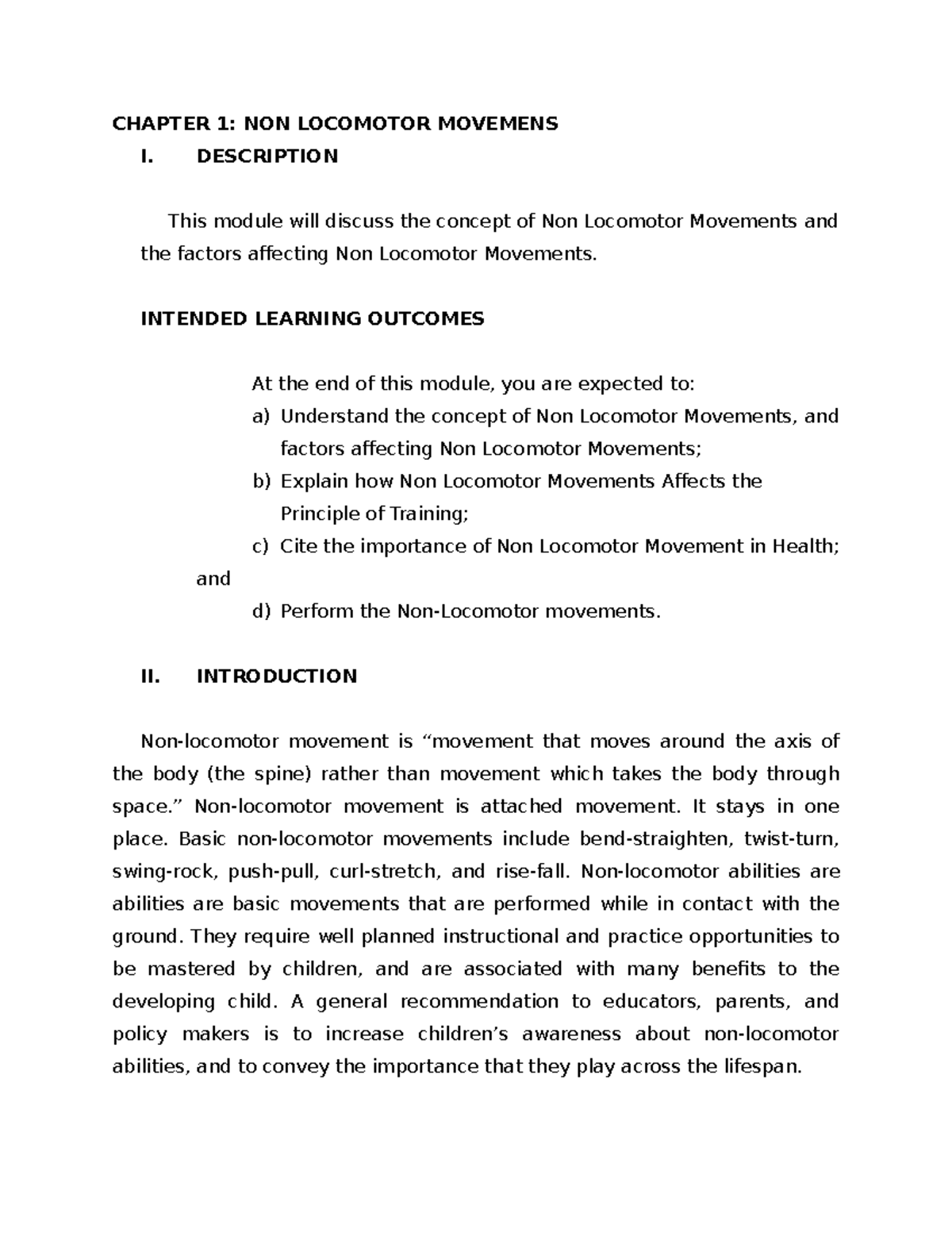 PE Notes: Non-Locomotor & Locomotor Movements Overview - Studocu