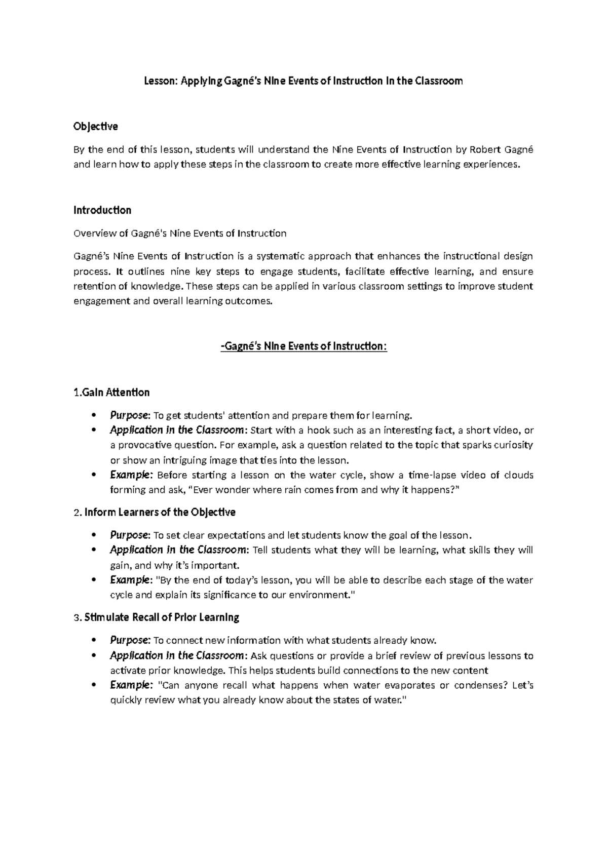 Lesson: Applying Gagné's Nine Events of Instruction in Class - Studocu