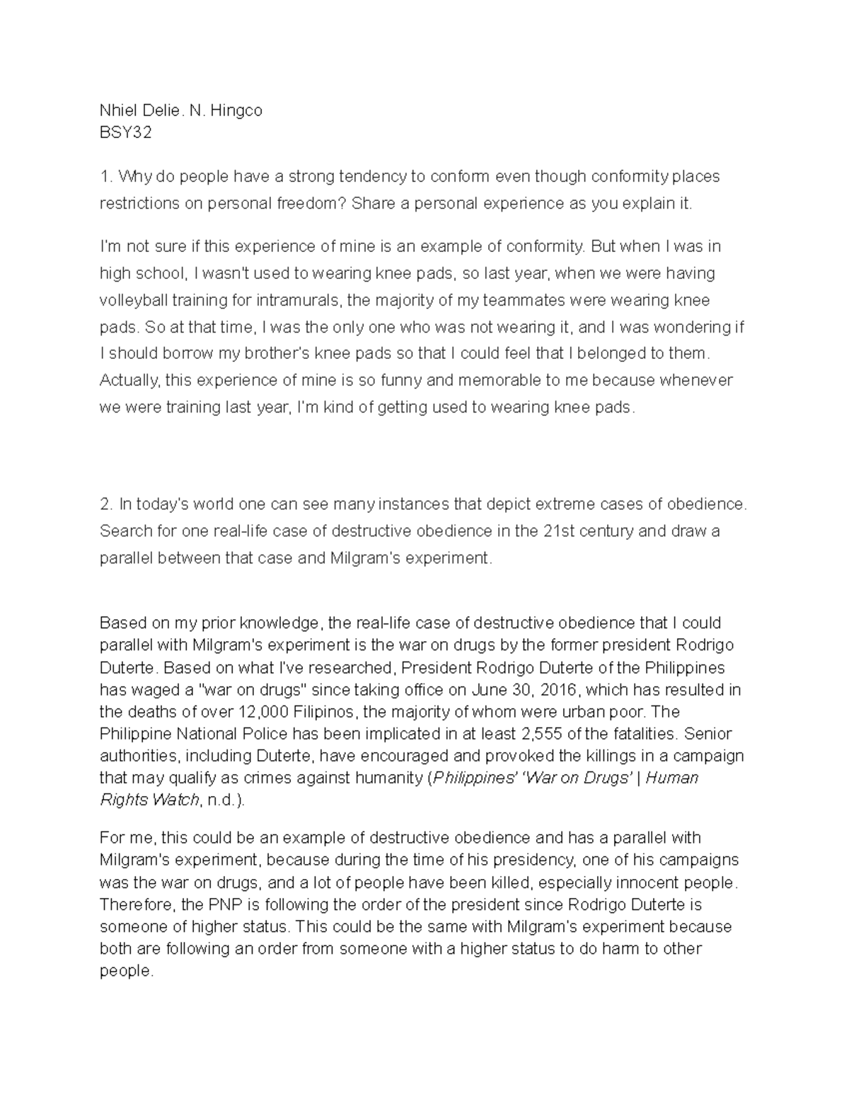 EA1F Social Psych - Nhiel Delie. N. Hingco BSY Why do people have a ...