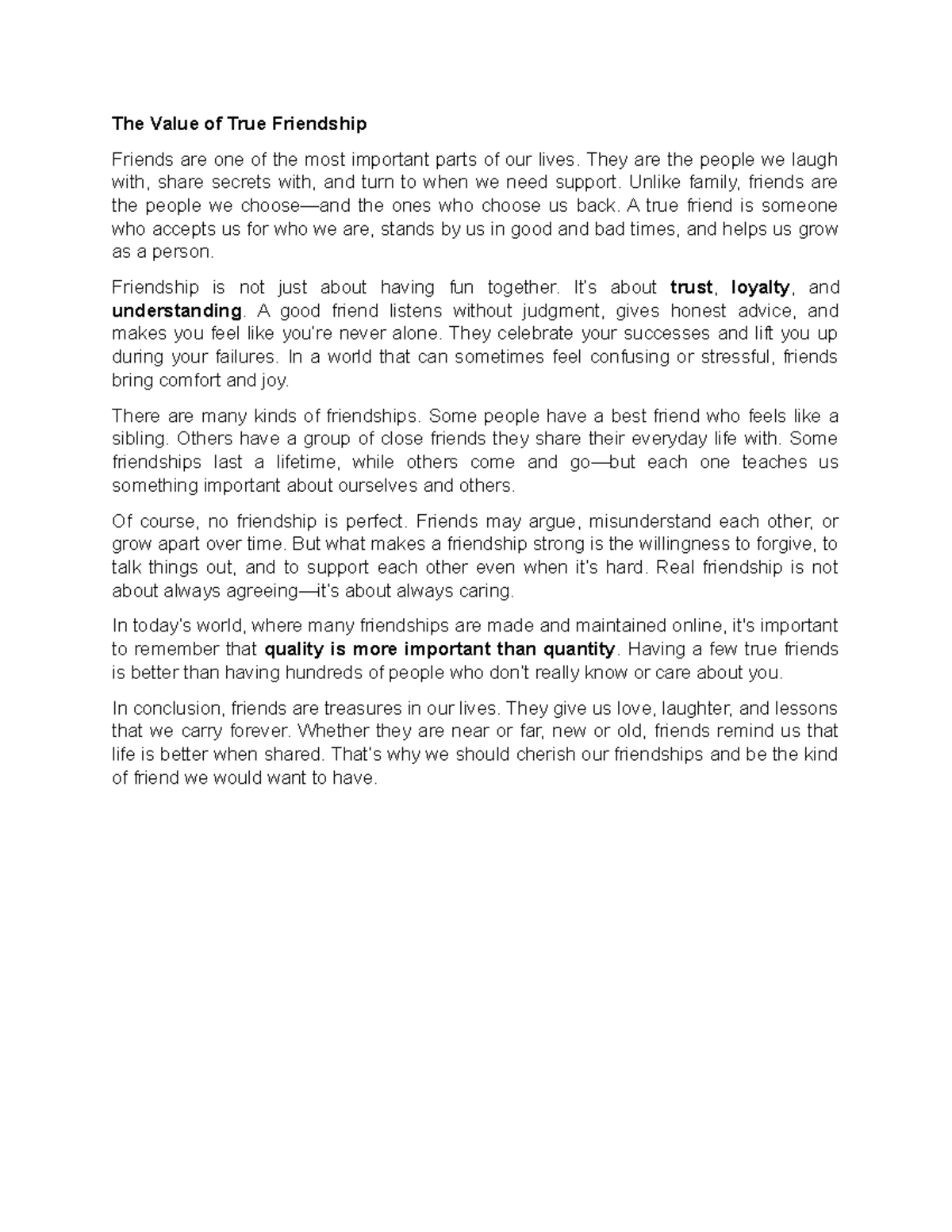 444 - Essay on the Importance of True Friendship and Its Value - Studocu