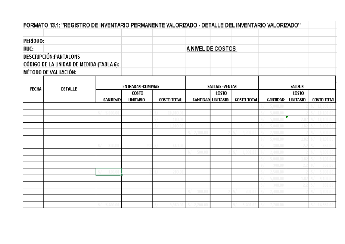 Formato PEPS: Registro de Inventario Valorizado Detalle - Studocu