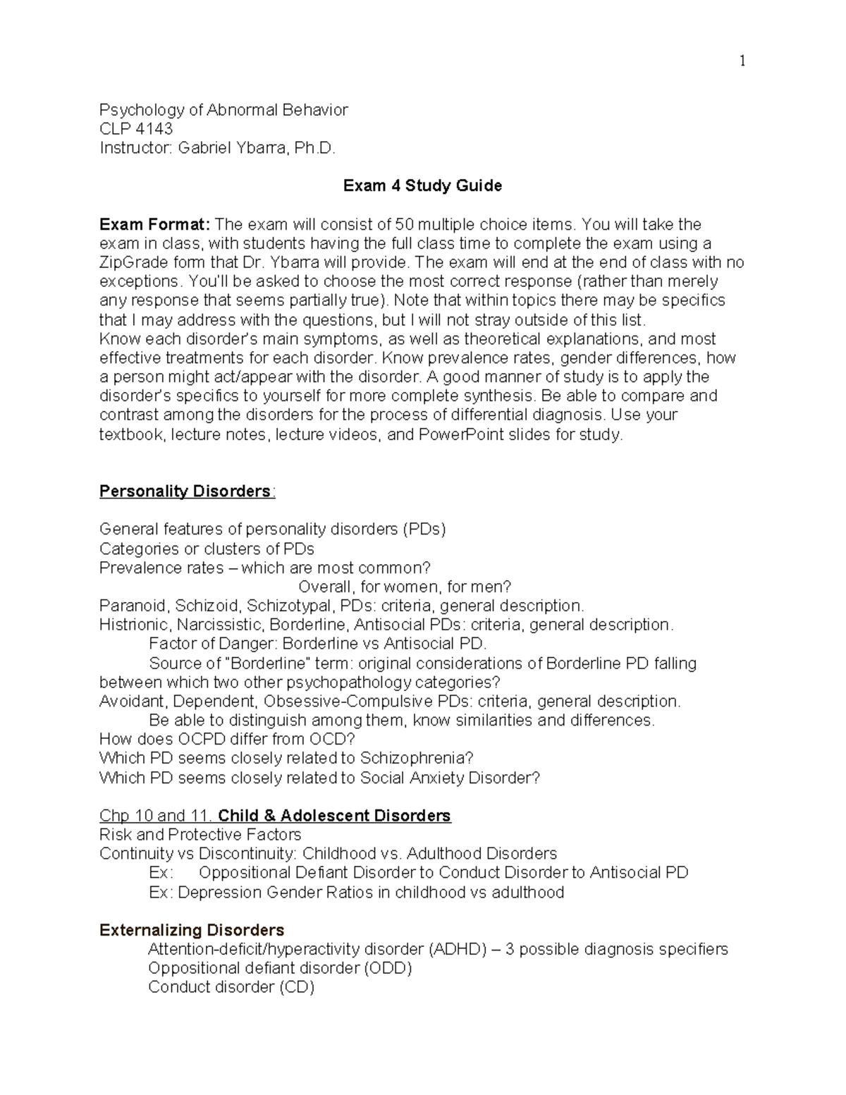 Exam 4 Study Guide for Psychology of Abnormal Behavior (CLP 4143 ...