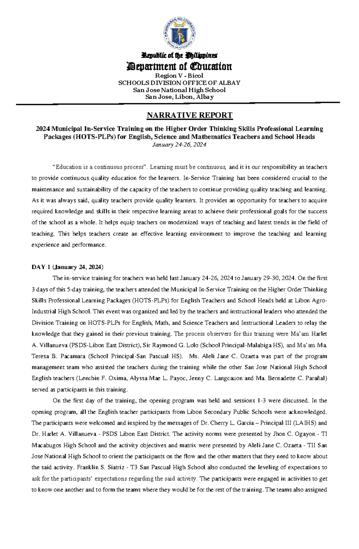 Narrative Report: LAC Training on Higher Order Thinking Skills for ...
