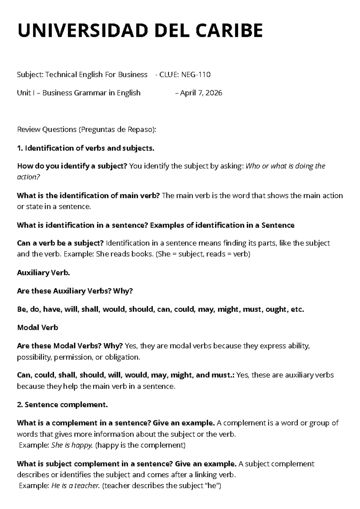 Repaso I - UNIT I: Business Grammar in English - Nocturno - Studocu