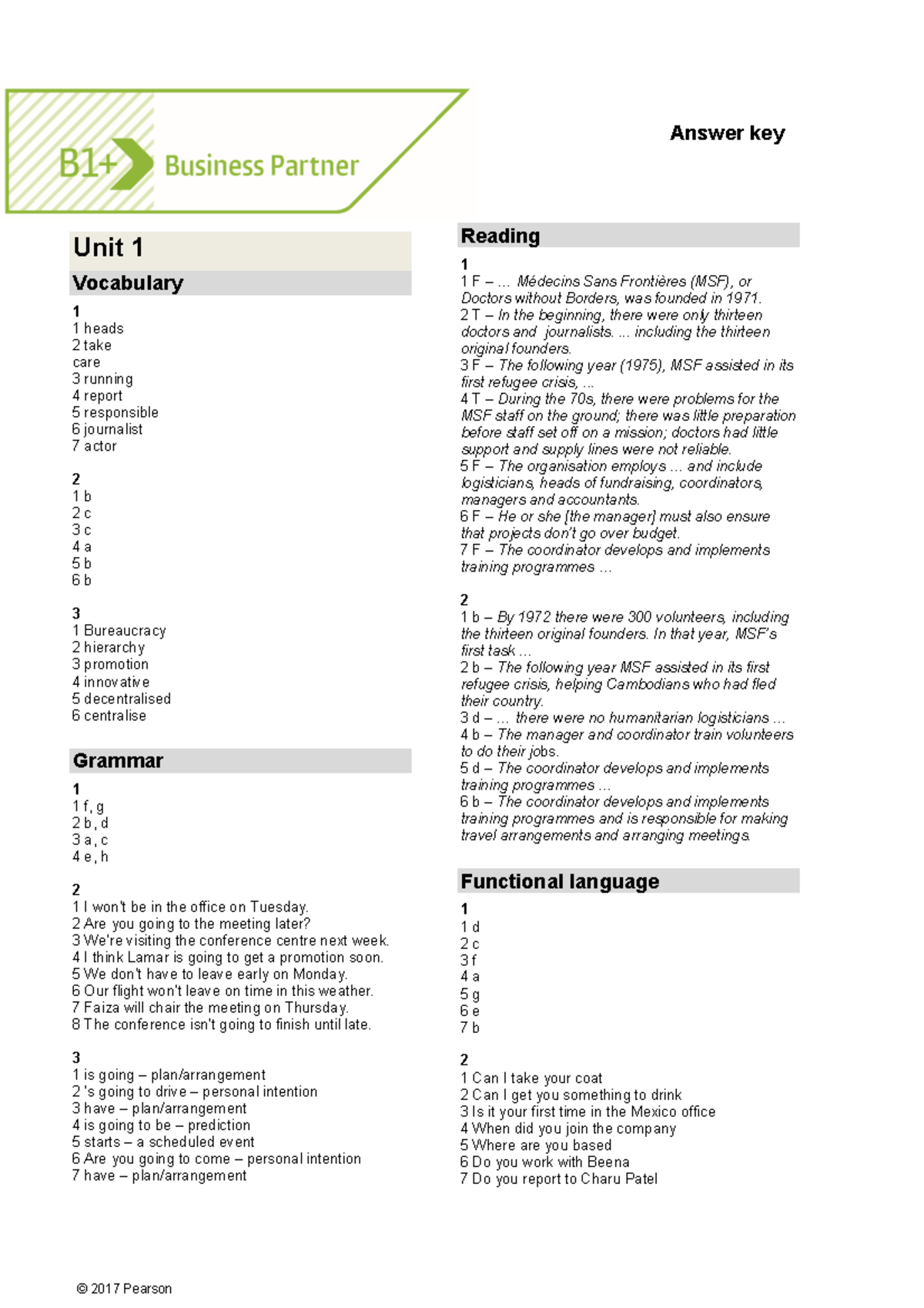 KEY - U1-U4 Business Partner B1+ workbook - Unit 1 Vocabulary 1 1 heads 2 take care 3 running 4 ...