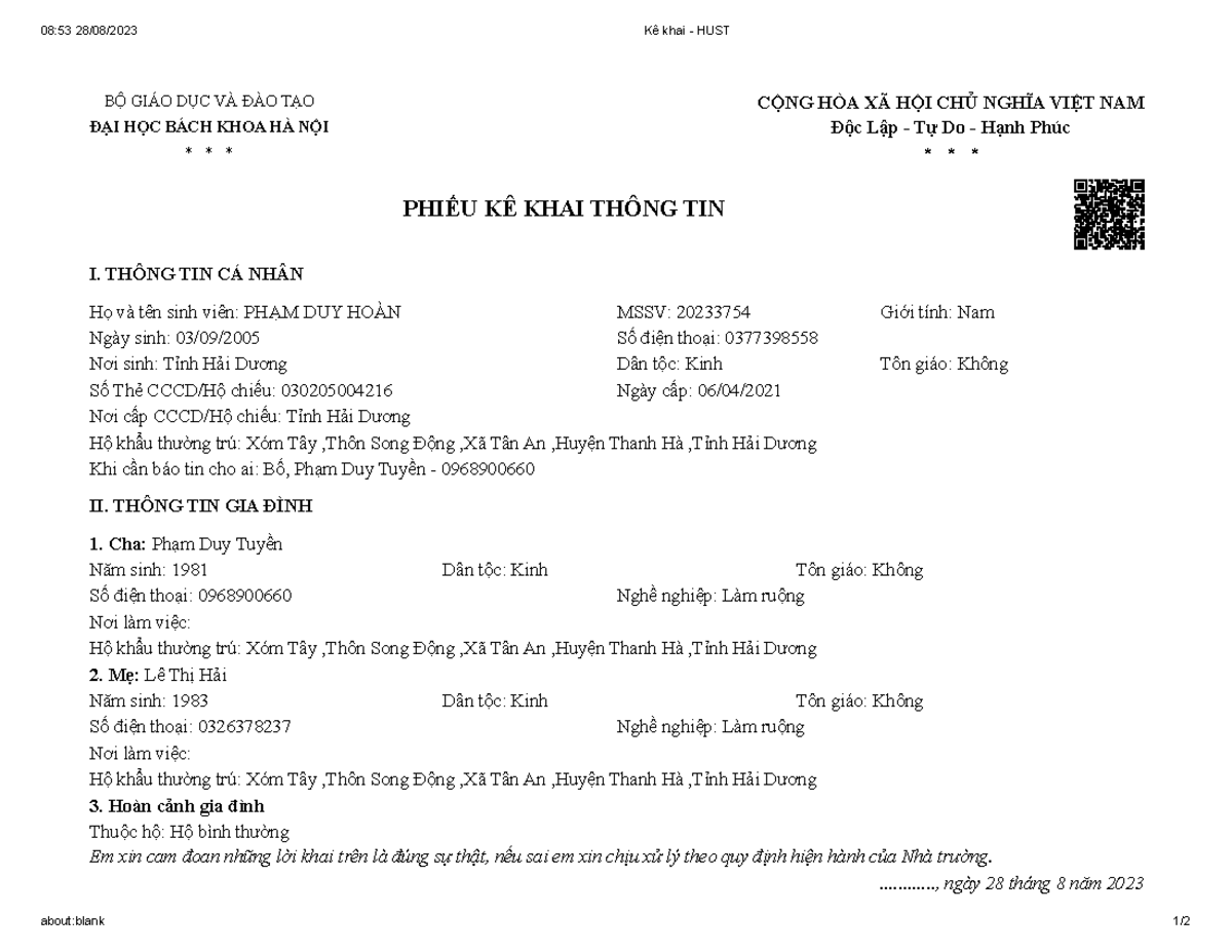 1 - hay vchhh - 08:53 28/08/2023 Kê khai - HUST about:blank 1/ BỘ GIÁO ...