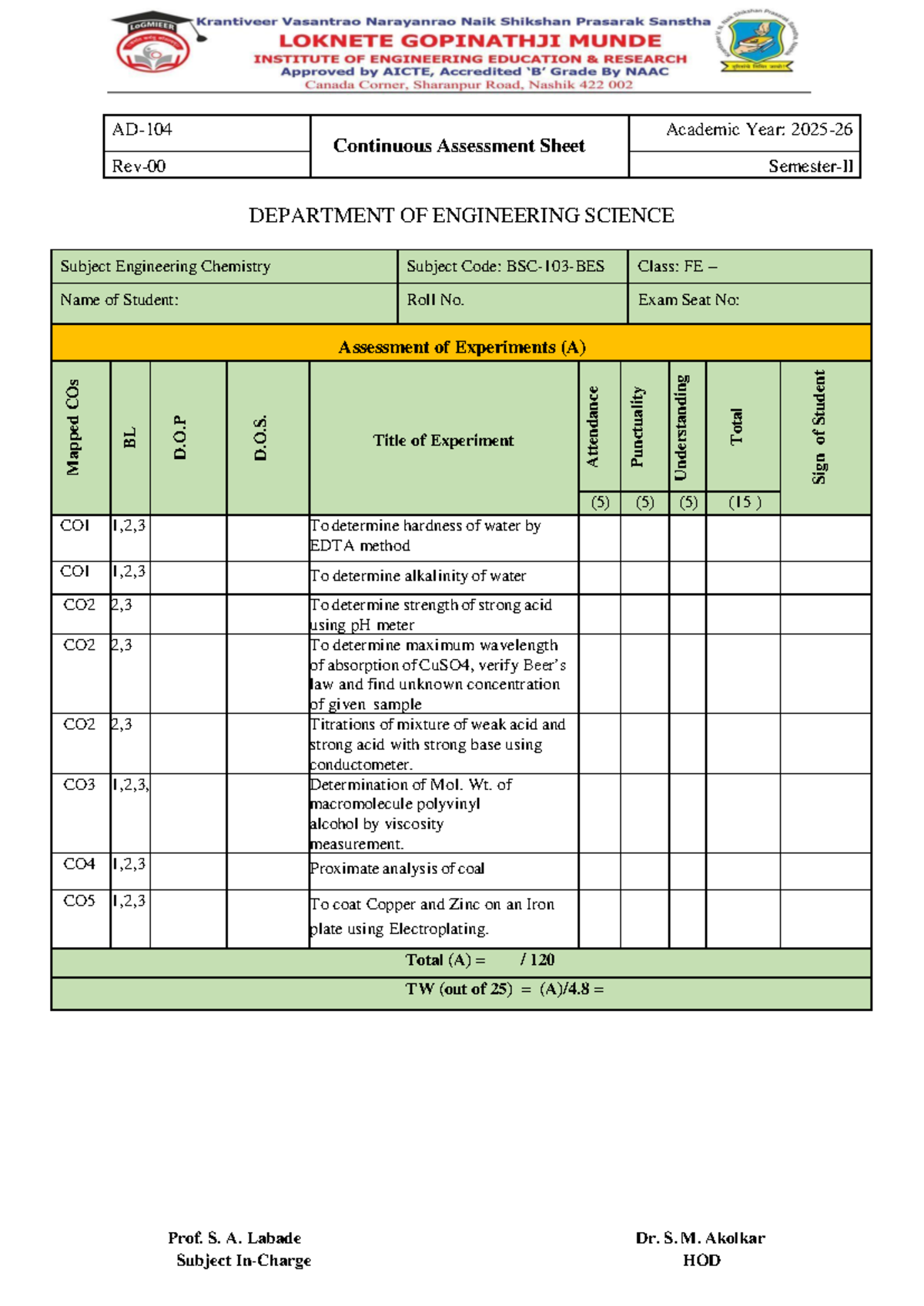 Engineering Chemistry FE Continuous Assessment Sheet 2025-26 - Studocu