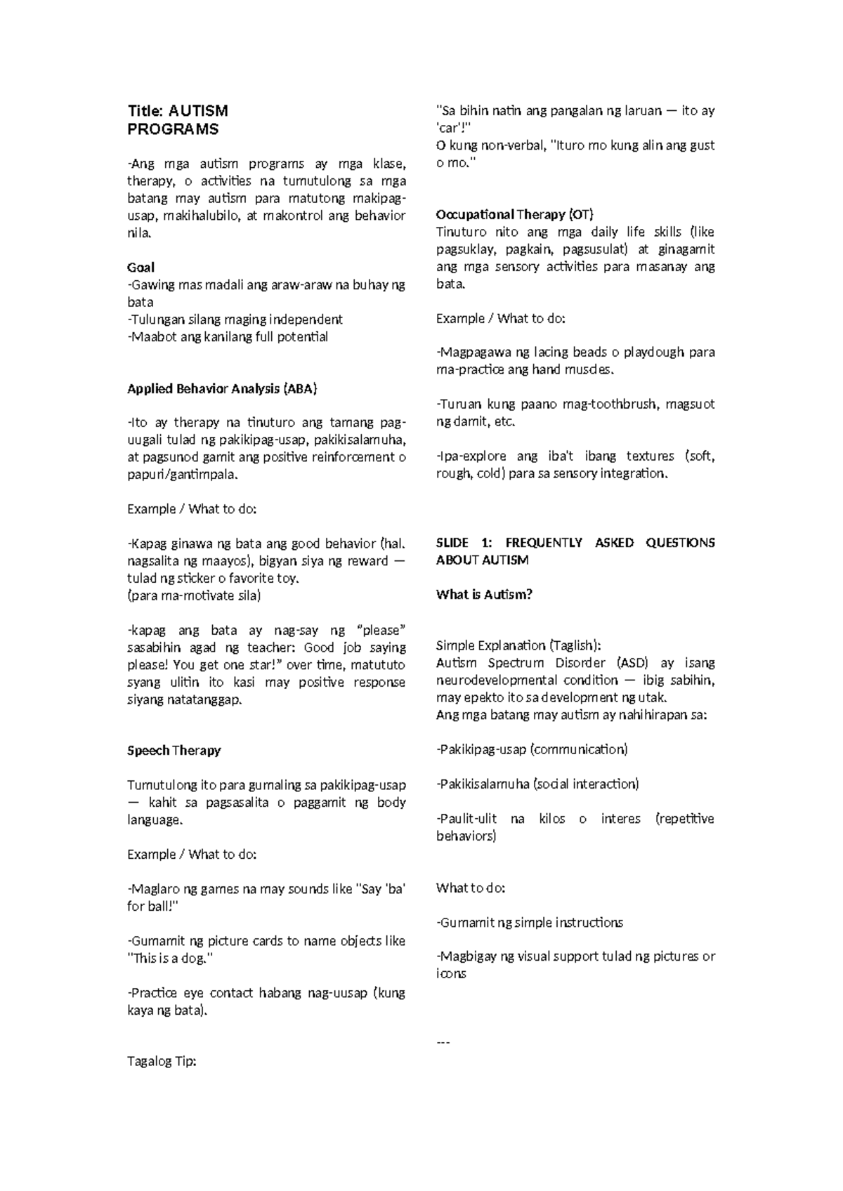 AUTISM PROGRAMS: Mga Klase at Therapy para sa mga Batang may ASD - Studocu
