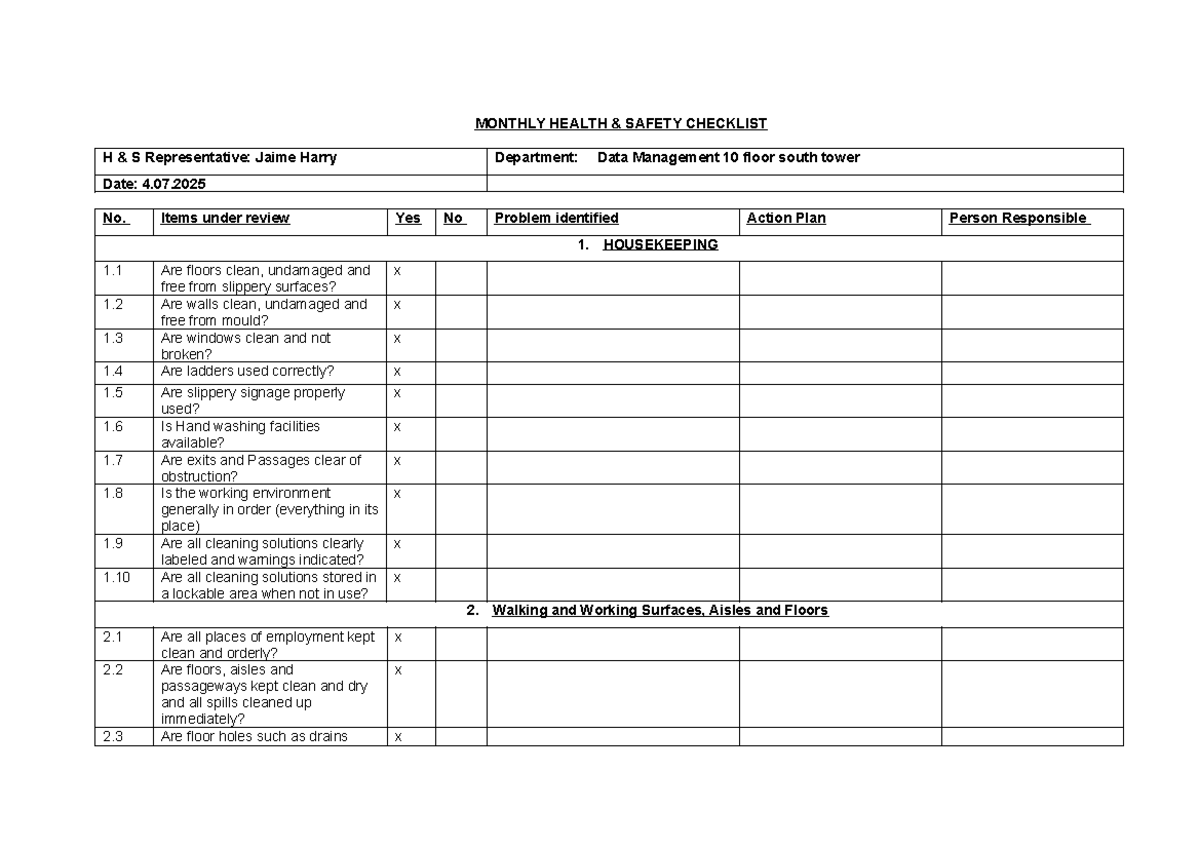 OHS REPS Monthly Health & Safety Checklist - June 2025 - Studocu