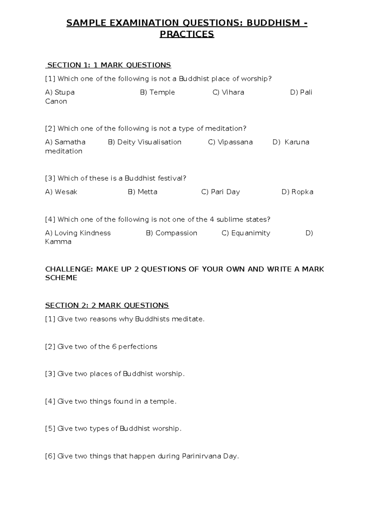 Buddhism Practices (Exam Prep) - Sample Questions & Answers Guide - Studocu