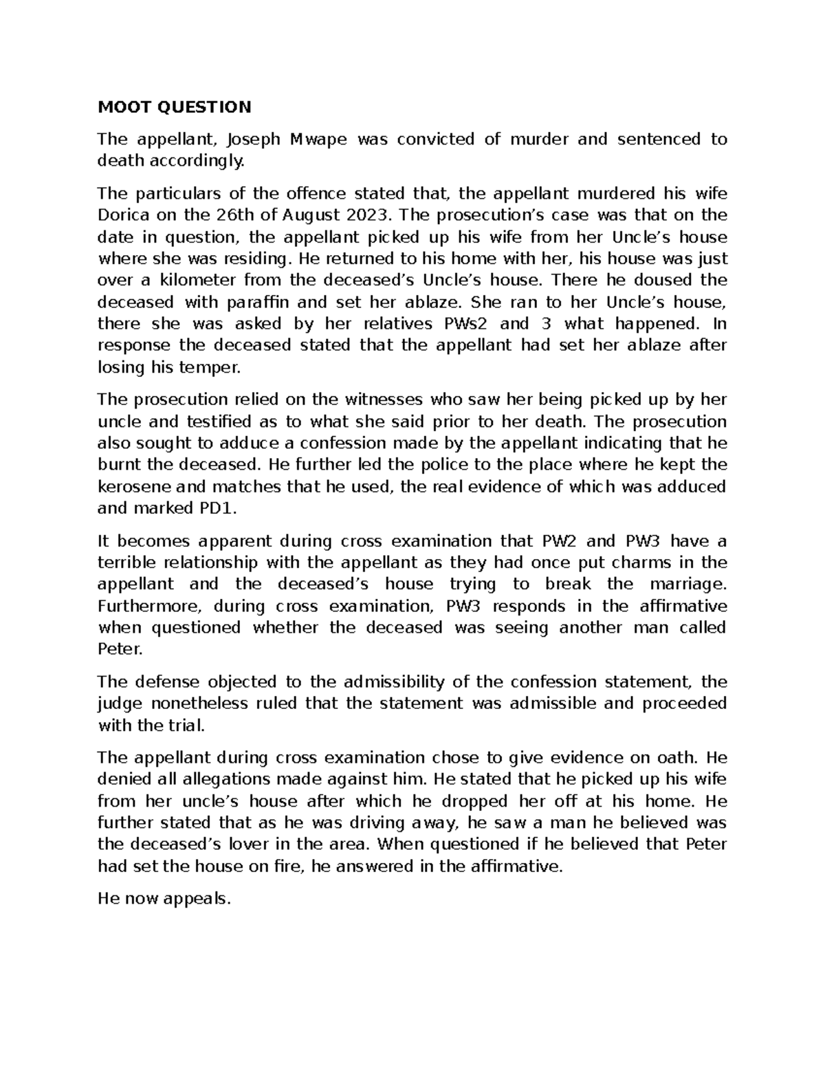 MOOT Question - Criminal Law Case Study on Joseph Mwape's Appeal - Studocu