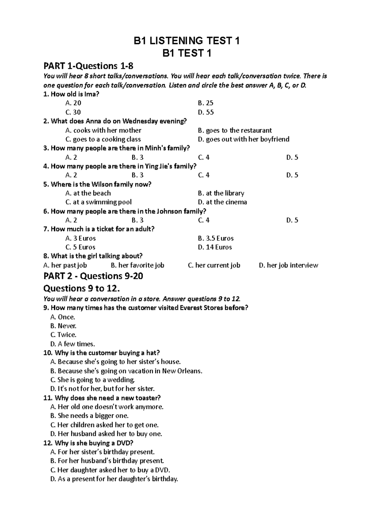 B1 Listening Tests 1-5: Comprehensive Practice Questions - Studocu