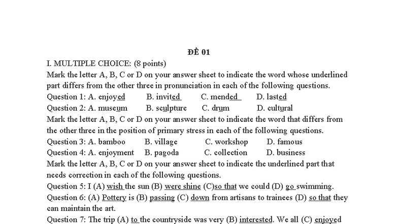 ĐỀ 01 - English Multiple Choice Questions and Answers - Studocu