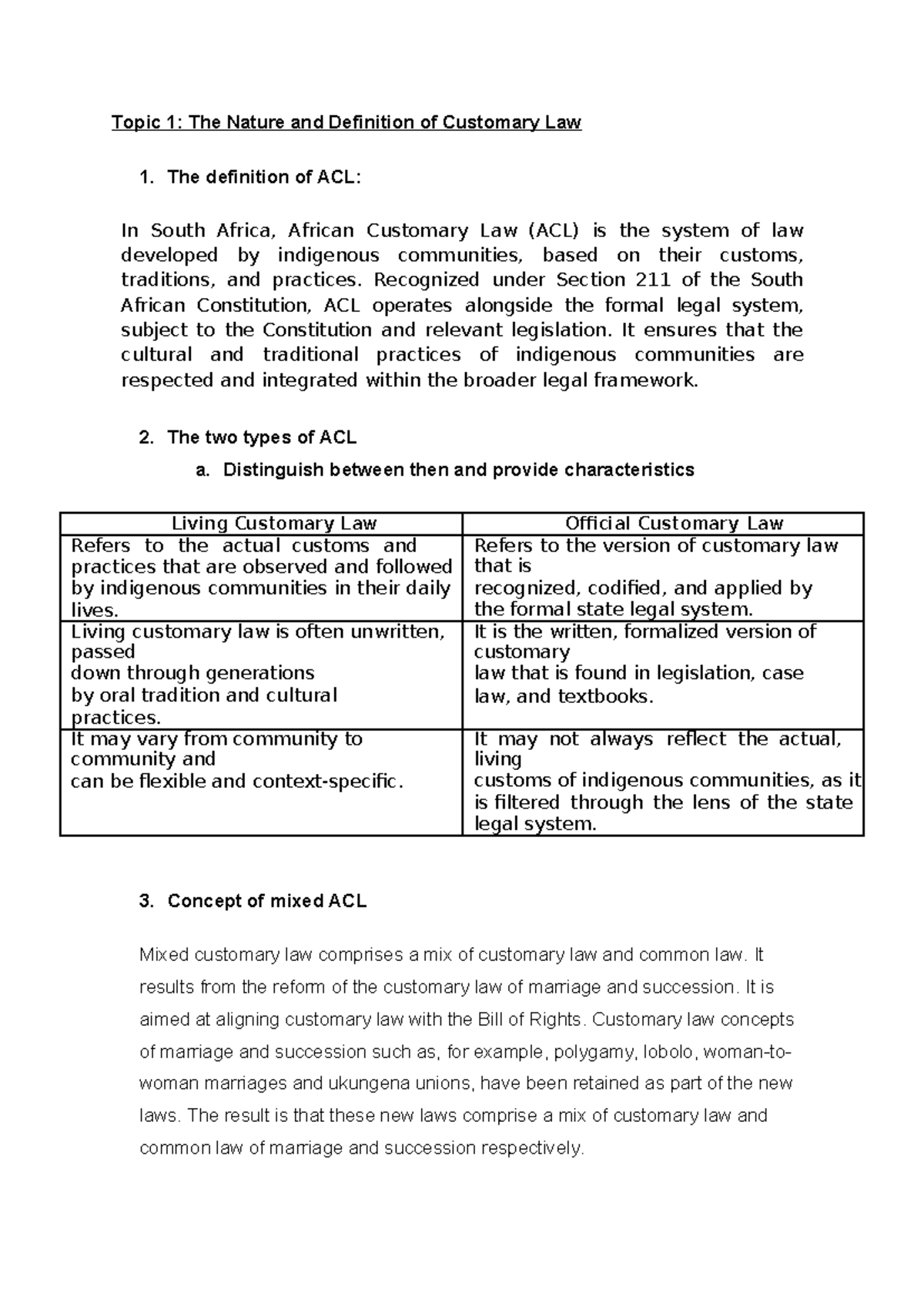ACL Topic 1: Understanding African Customary Law and Its Types - Studocu
