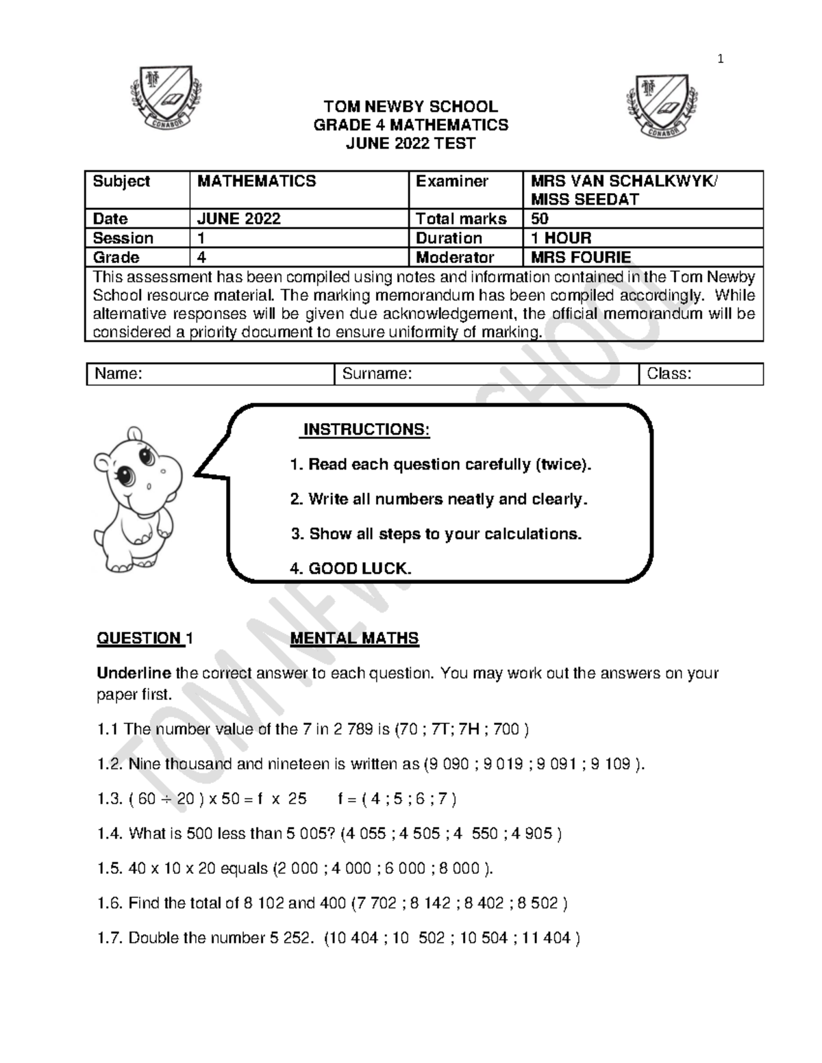 Grade 4 Maths June 2022 Exam Questions & Instructions - Studocu