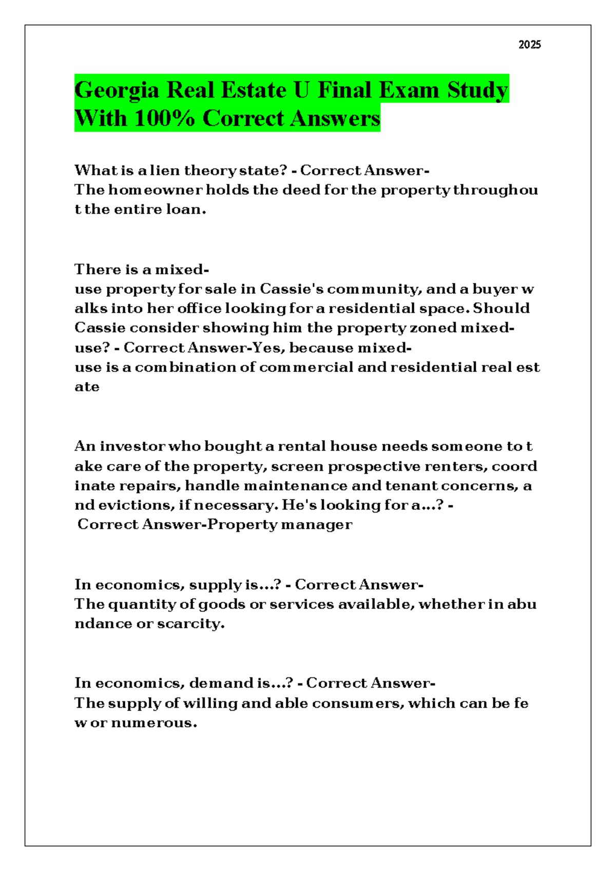 Georgia Real Estate U 2025 Final Exam Study Guide with Answers - Studocu