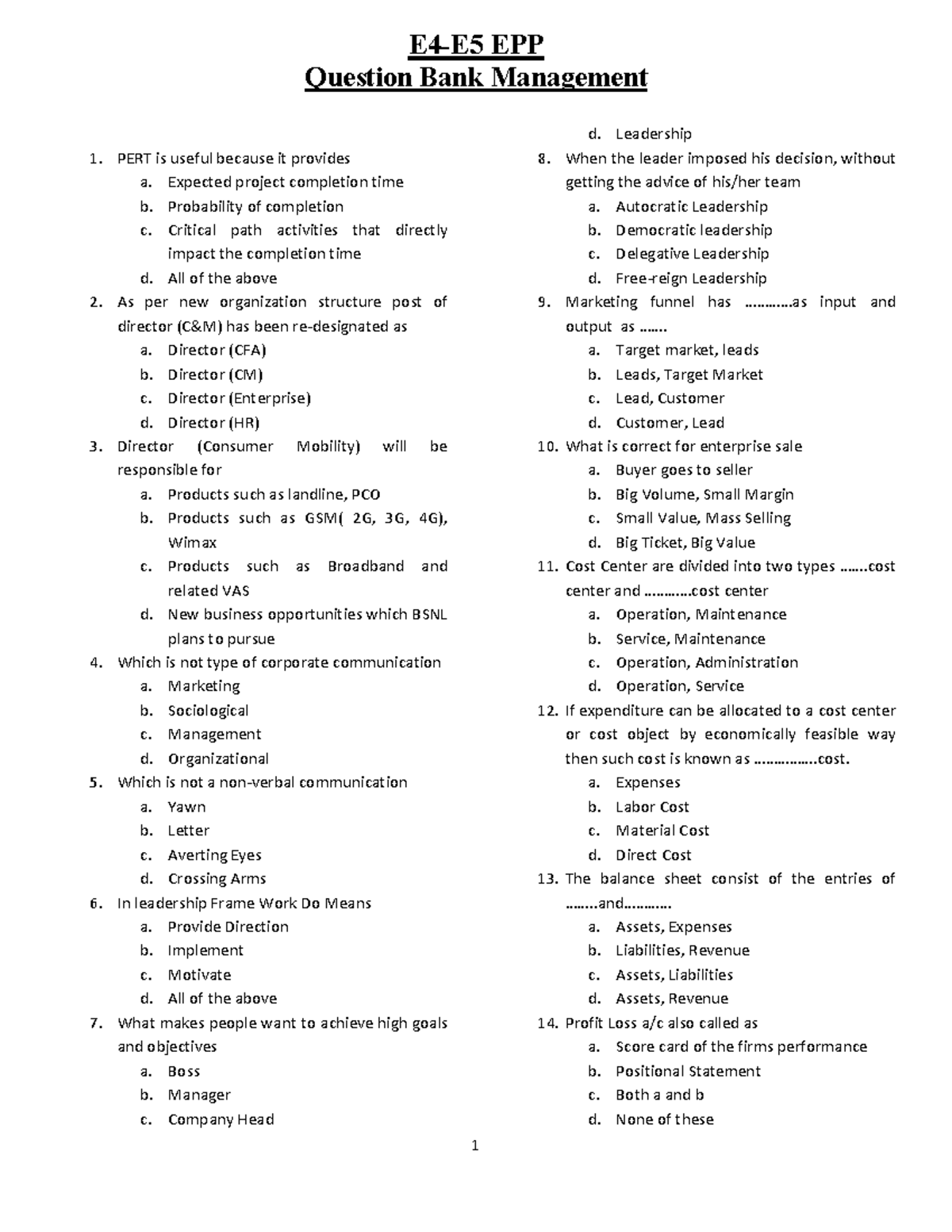 EPP Question Bank Management - Leadership and Marketing Concepts - Studocu