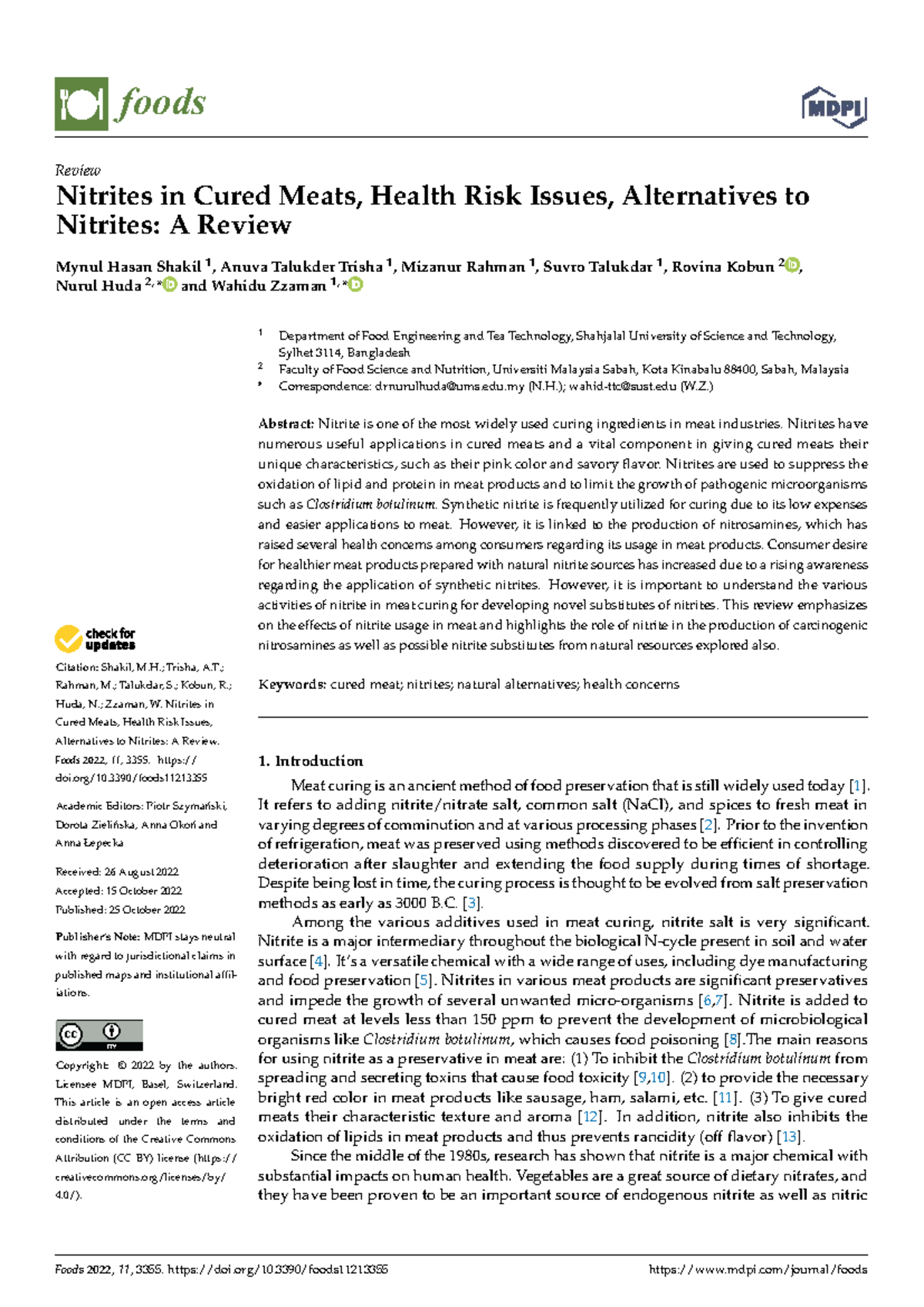 Foods 11: Review of Nitrites in Cured Meats and Health Risks - Studocu