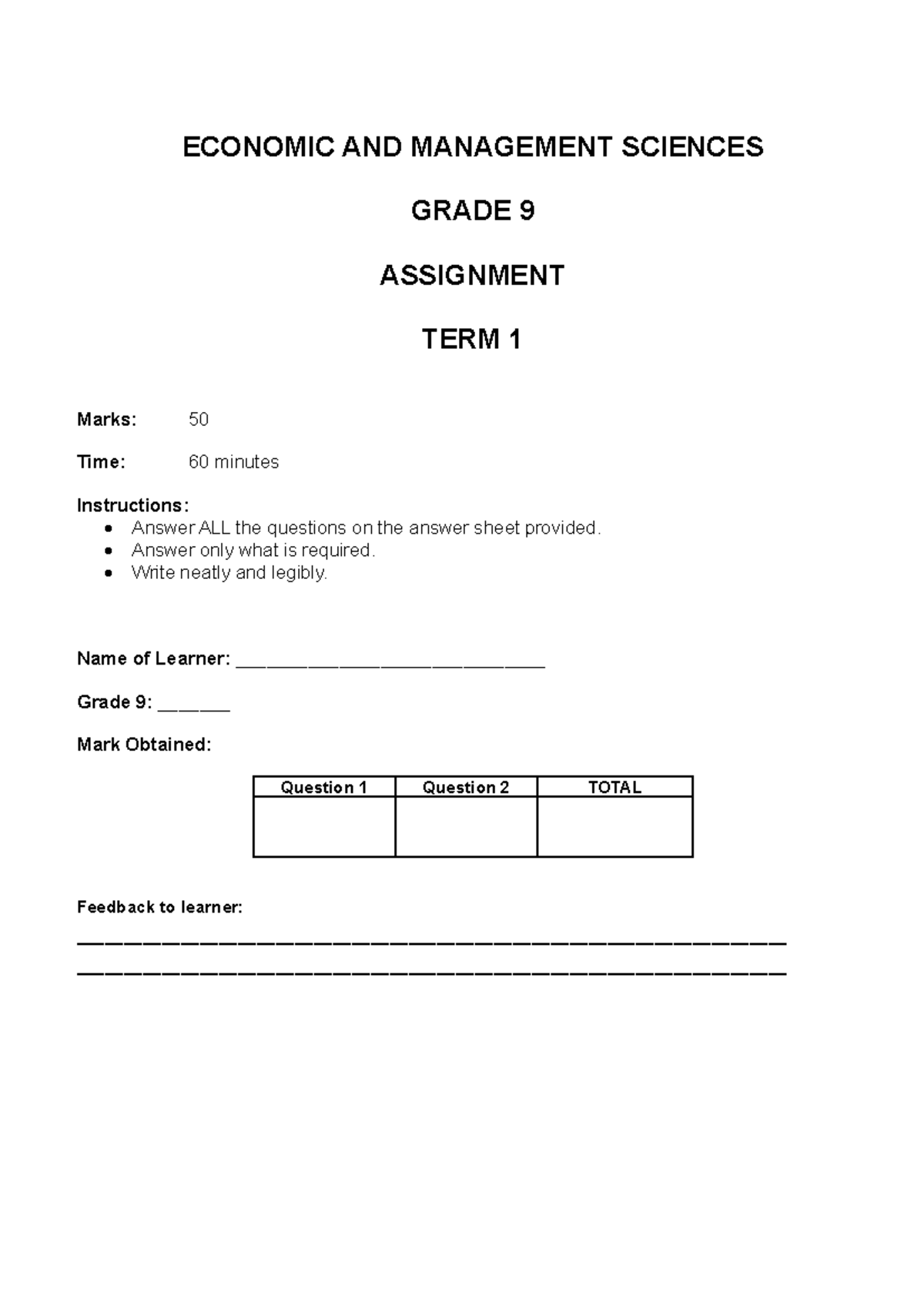 Grade 9 Assignment 2021 - ECONOMIC AND MANAGEMENT SCIENCES GRADE 9 ...